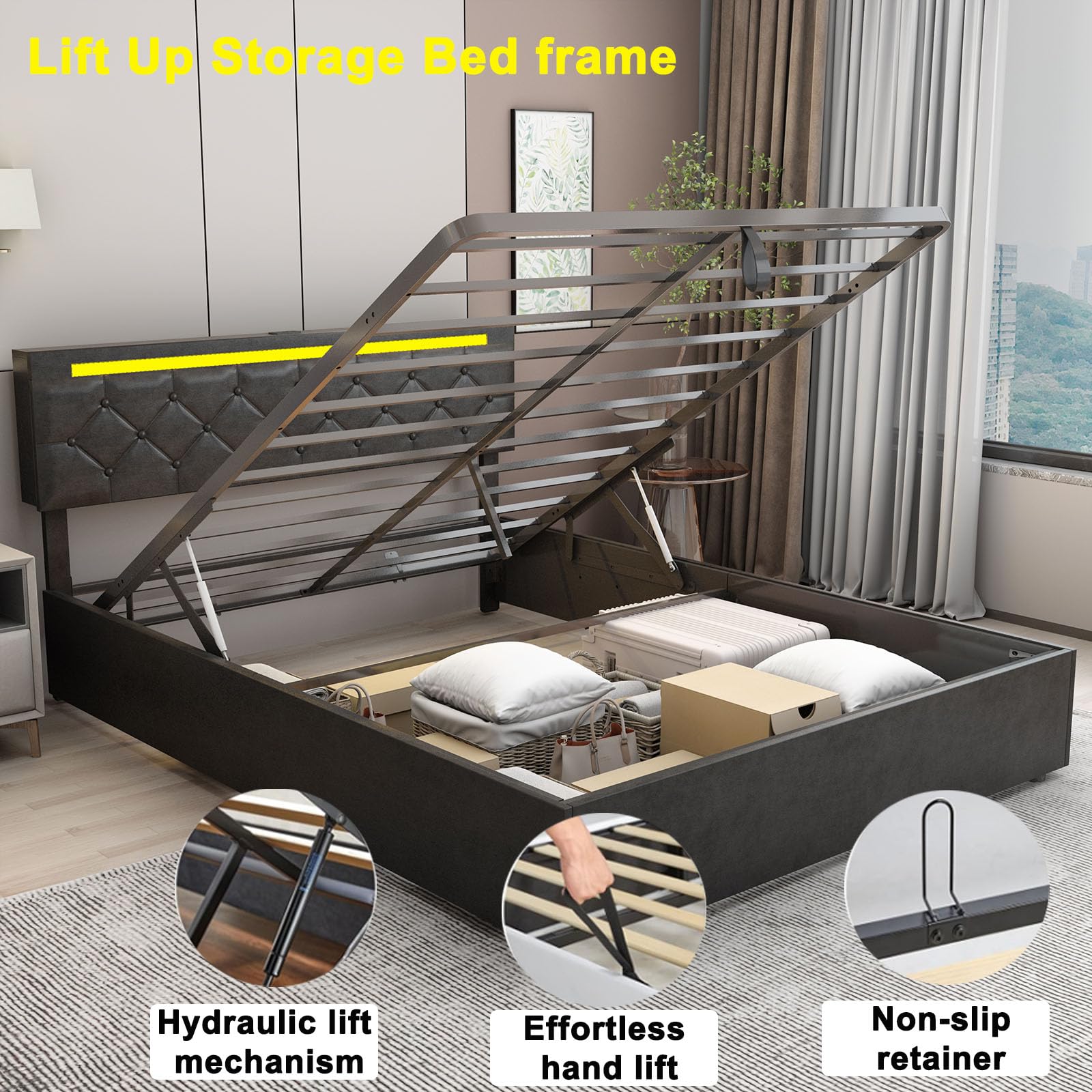 SAVOLIFE Queen Size Lift Up Storage Bed Frame with Led Light Headboard, PU Upholstered Queen Platform Bed Frame with Charging Station, Black