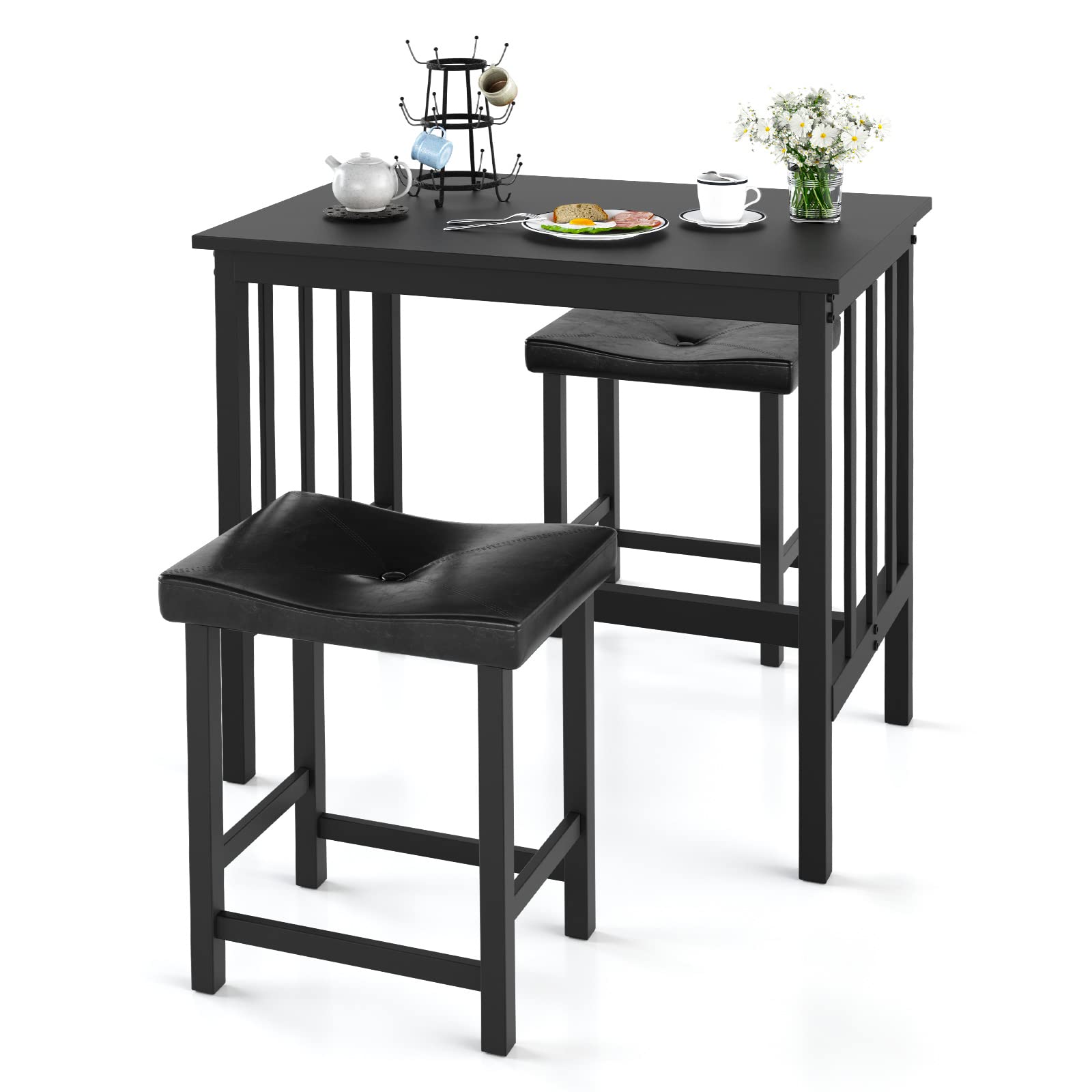 Giantex 3 piece Dining Set, Counter Height Table Set with Black Frosted Tabletop and Metal Frame for Kitchen, Bar or Apartment w/ 2 Faux Leather Backless Stools, Compact, Space-Saving Design
