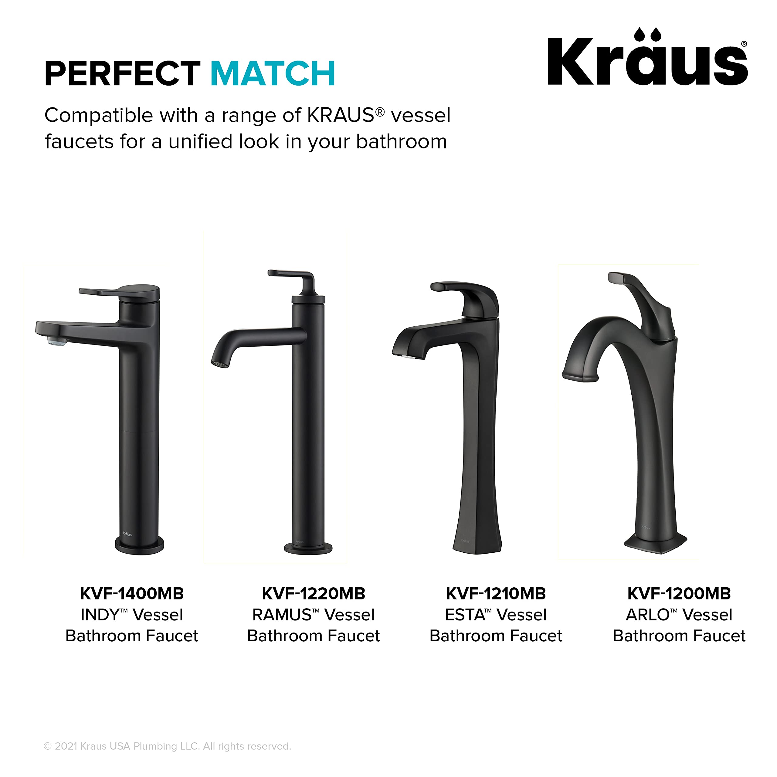 Kraus PU-L10MB Bathroom Pop-Up Drain Assembly for Vessel Sinks Without Overflow, with Extended Thread for Thicker Countertops, 10 3/4 Inch, Matte Black