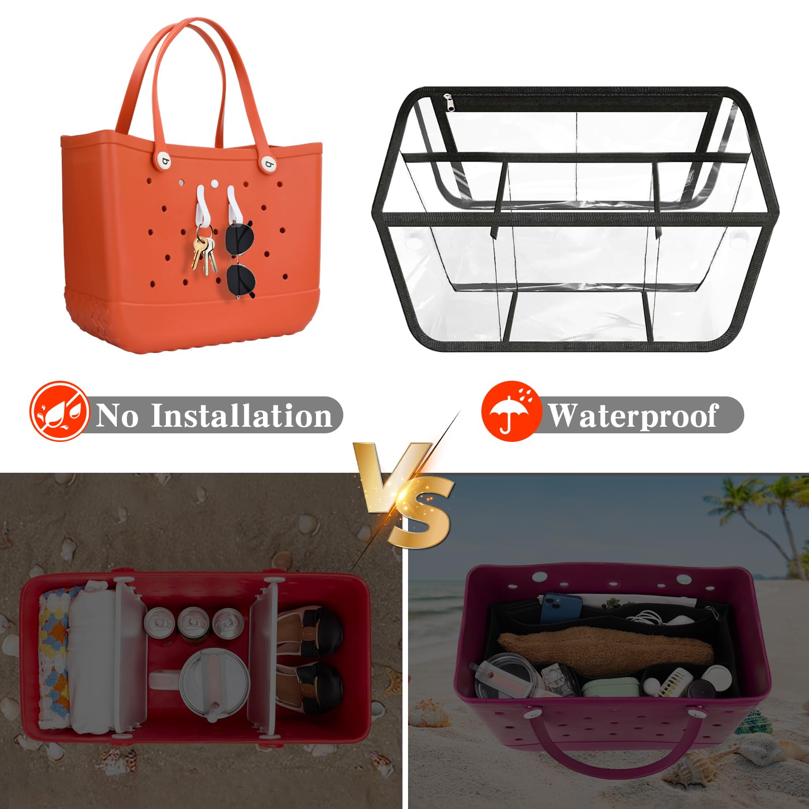 Muswelf New Clear Waterproof Insert for Bogg Bag XL, No Installation Accessories for Bogg Bag, Beach Bag Organizer/Divider and Hooks to Organizing Your Bag