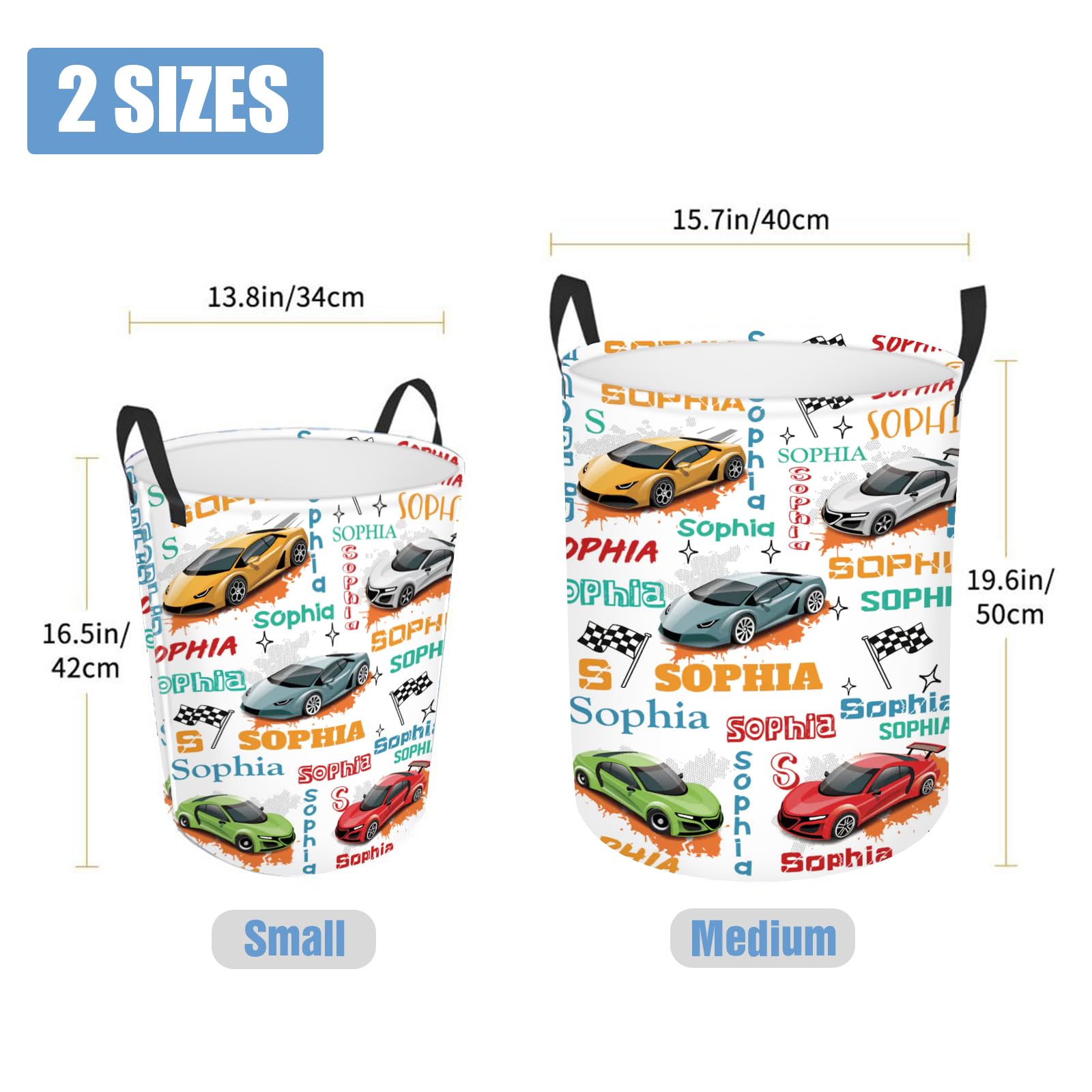 Rucekia Custom Name Truck Laundry Baskets for Nursery, Personalized Baby Boy Laundry Basket with Name, Customize Baby Name Laundry Hamper Kids Storage Organizer 2 Sizes