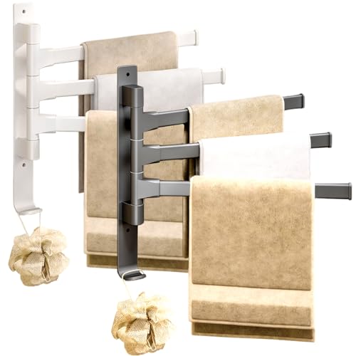 Swivel Towel Rack, 12" 3-Arm Wall Mounted Towel Rack, 180 Degree Swing Out Bathroom Towel Rack for Multiple Towels, Anti-Slip Towel Bar with Hook for Bathroom, Kitchen, Wall(Gun-Grey)