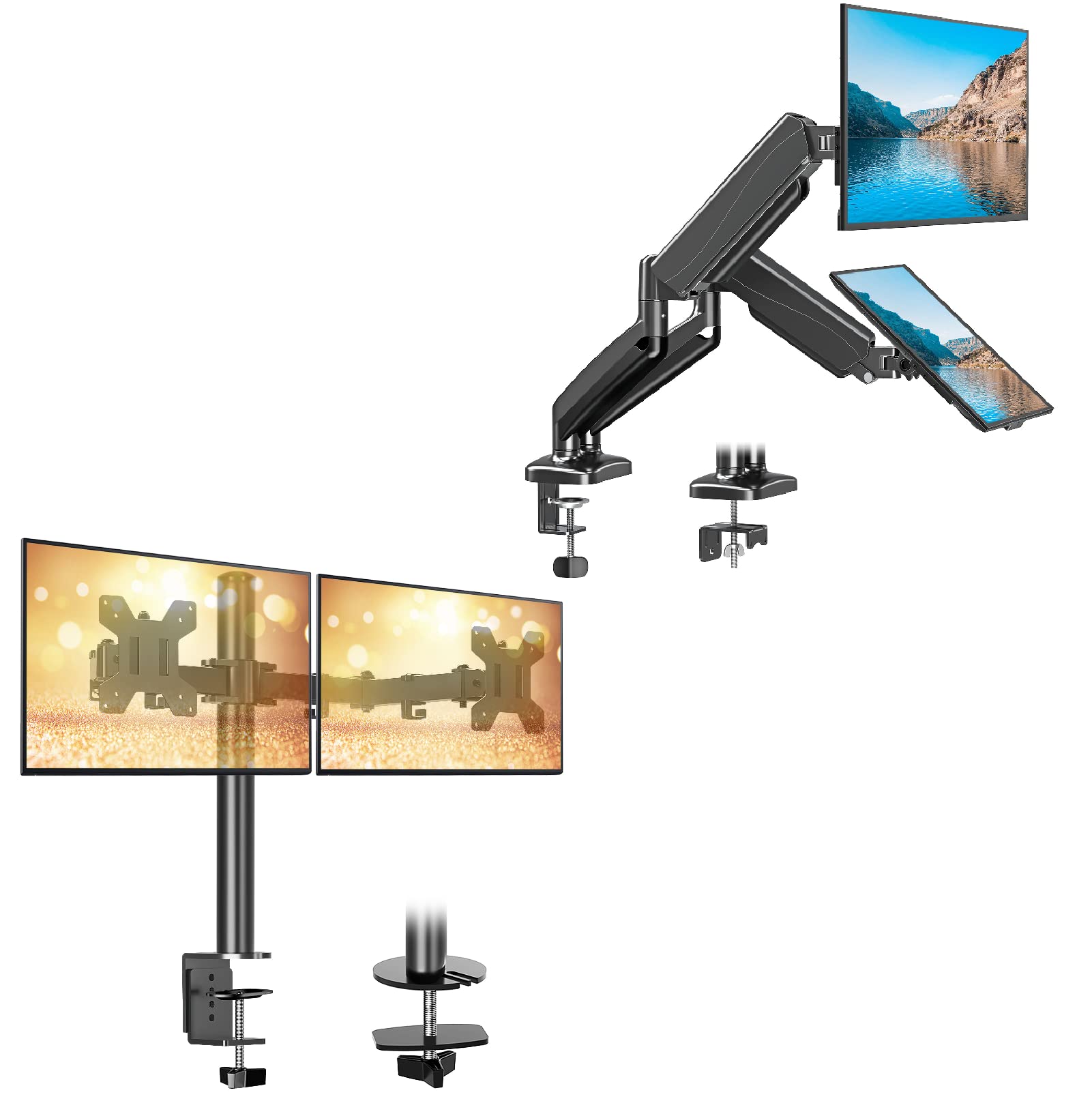 MOUNTUP Dual Monitor Stand + Full Motion Gas Spring Dual Monitor Desk Mount Bundle