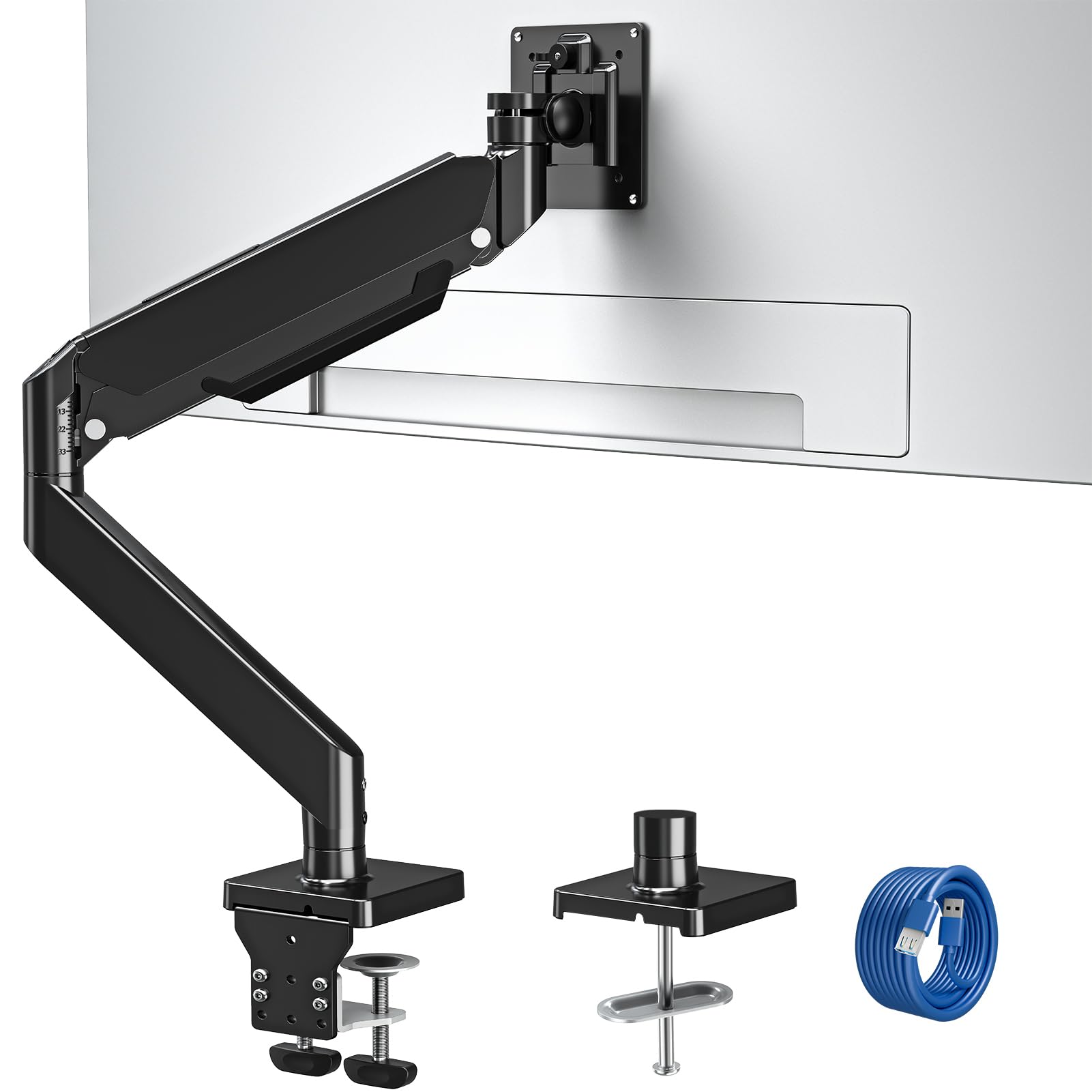 MOUNTUP Monitor Desk Mount Fits 22-42'' Heavy Duty Widescreen, Gas Spring Computer Monitor Stand for desk, Holds 4.4-33 lbs Larger Screen, Ultrawide Monitor Arm with USB, VESA Mount Clamp/Grommet Base