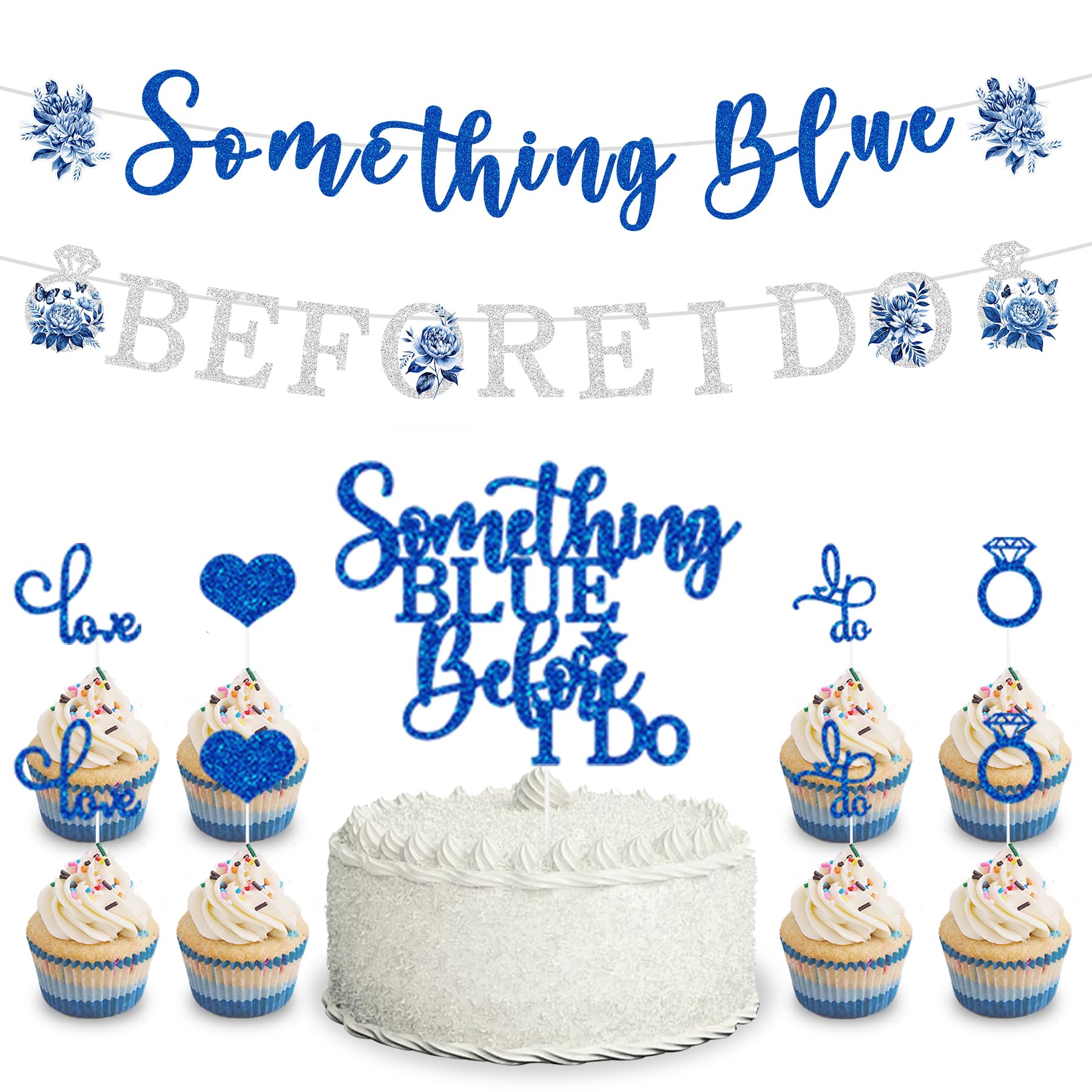 Something Blue Before I Do Banner Glitter with Cake Topper and Cupcake Toppers - Something Blue Bridal Shower Decorations,Bridal Shower Banner for Blue Bachelorette Wedding Engagement Party Supplies