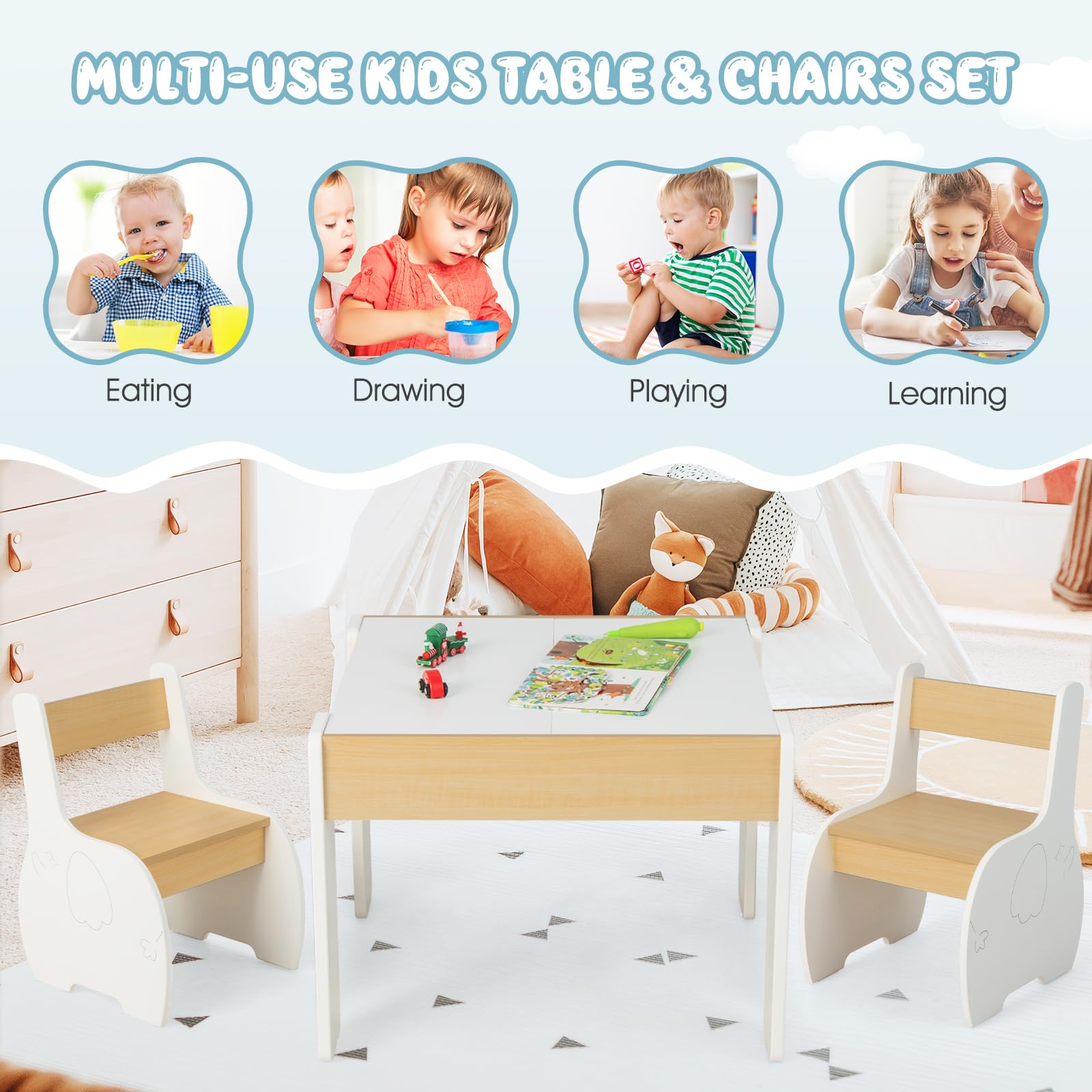 INFANS 3 in 1 Kids Table and Chair Set, Wood Multi Activity Table with Removable Tabletop Storage, Detachable Blackboard for Toddler Playing Drawing Arts Crafts,3 PCS Children Furniture