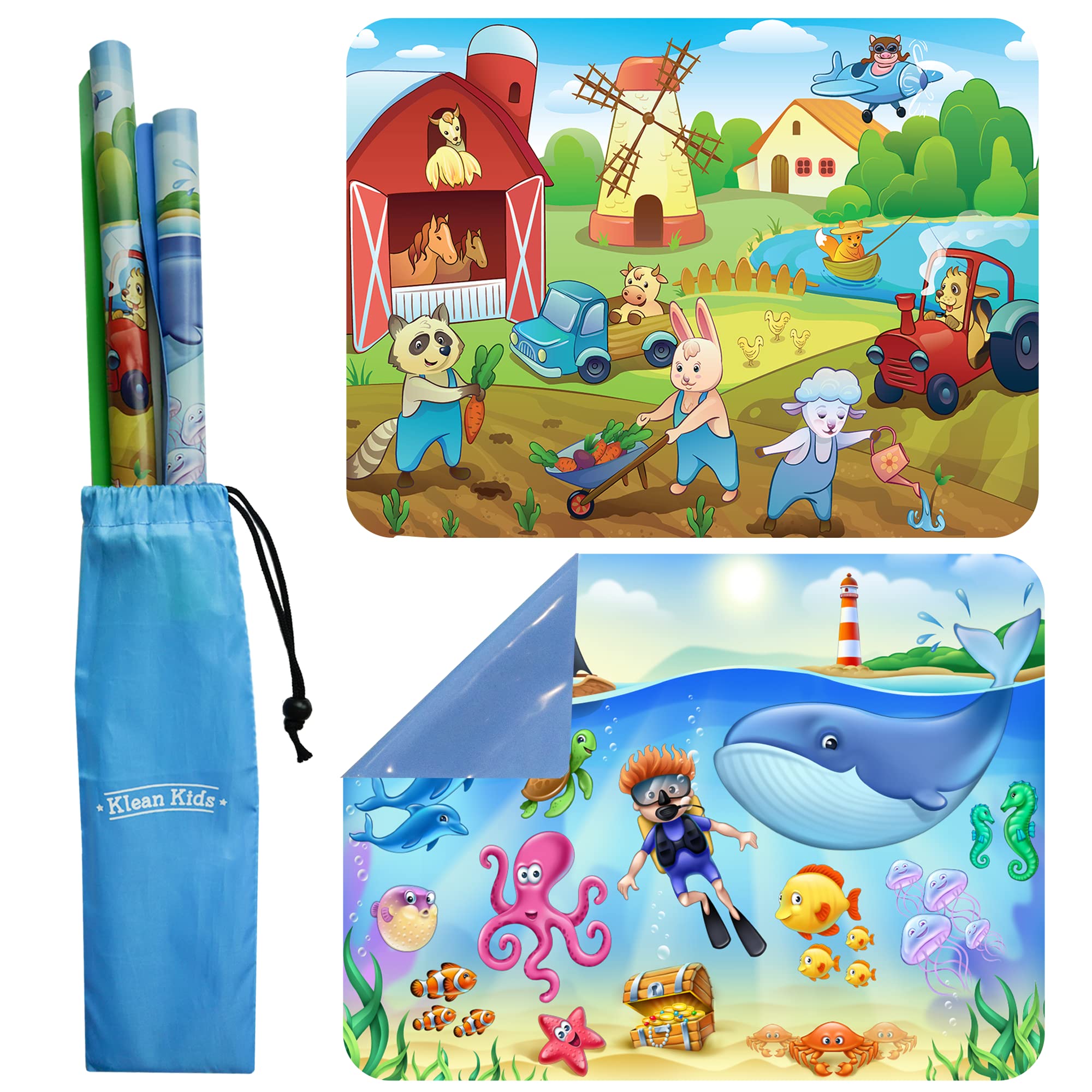 Klean Kids [2 Pack] Silicone Placemat for Toddlers (Sealife and Farm) - Non Slip 2-Pack with Travel Bag - Sealife/Farm - Alternative to Suction Plates for Babies - Essential Baby Feeding
