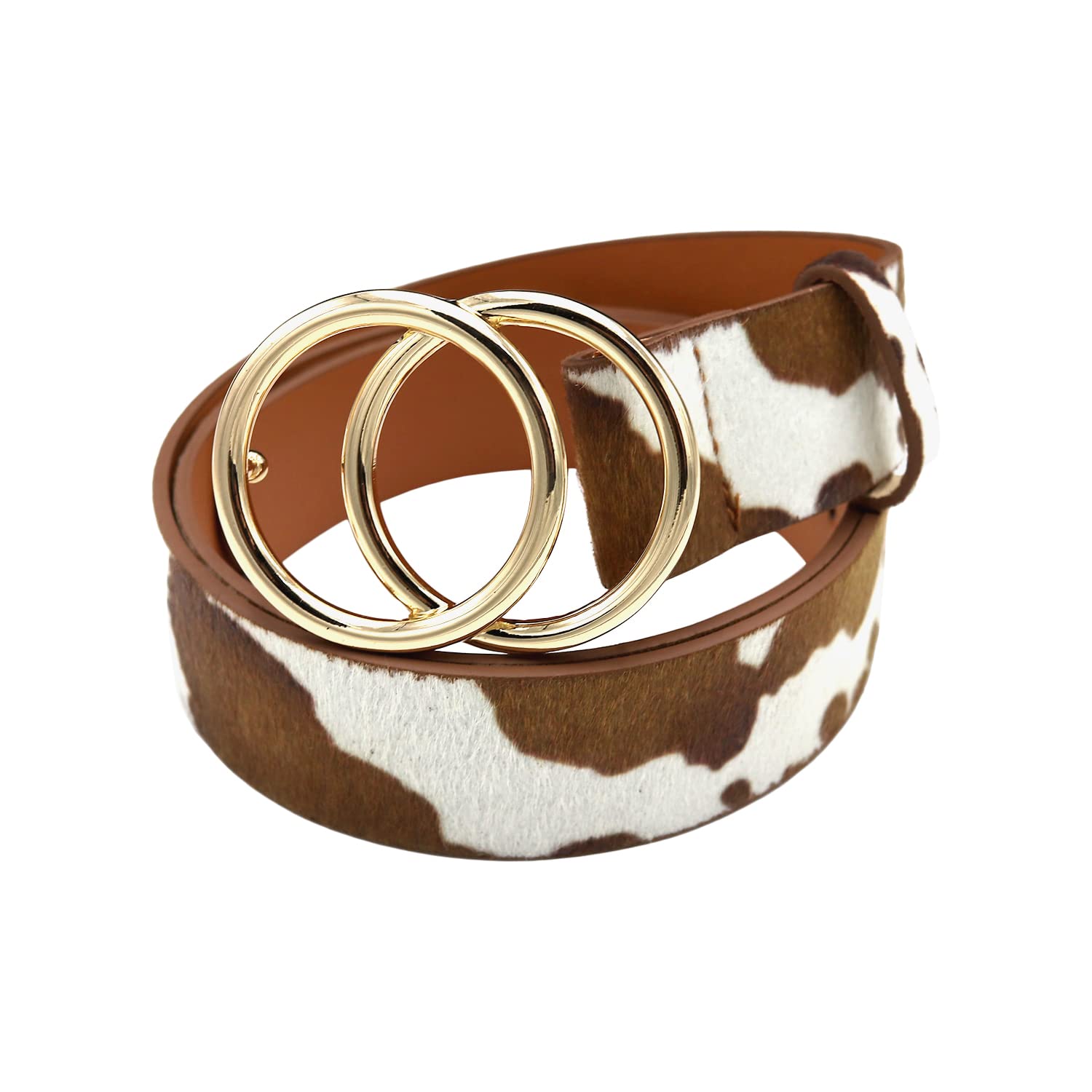 Kathaya Cow Print Leather Belt for Women Double O-Ring Women’s Waist Belt Adjustable Animal Print Belt (Medium, White Brown)