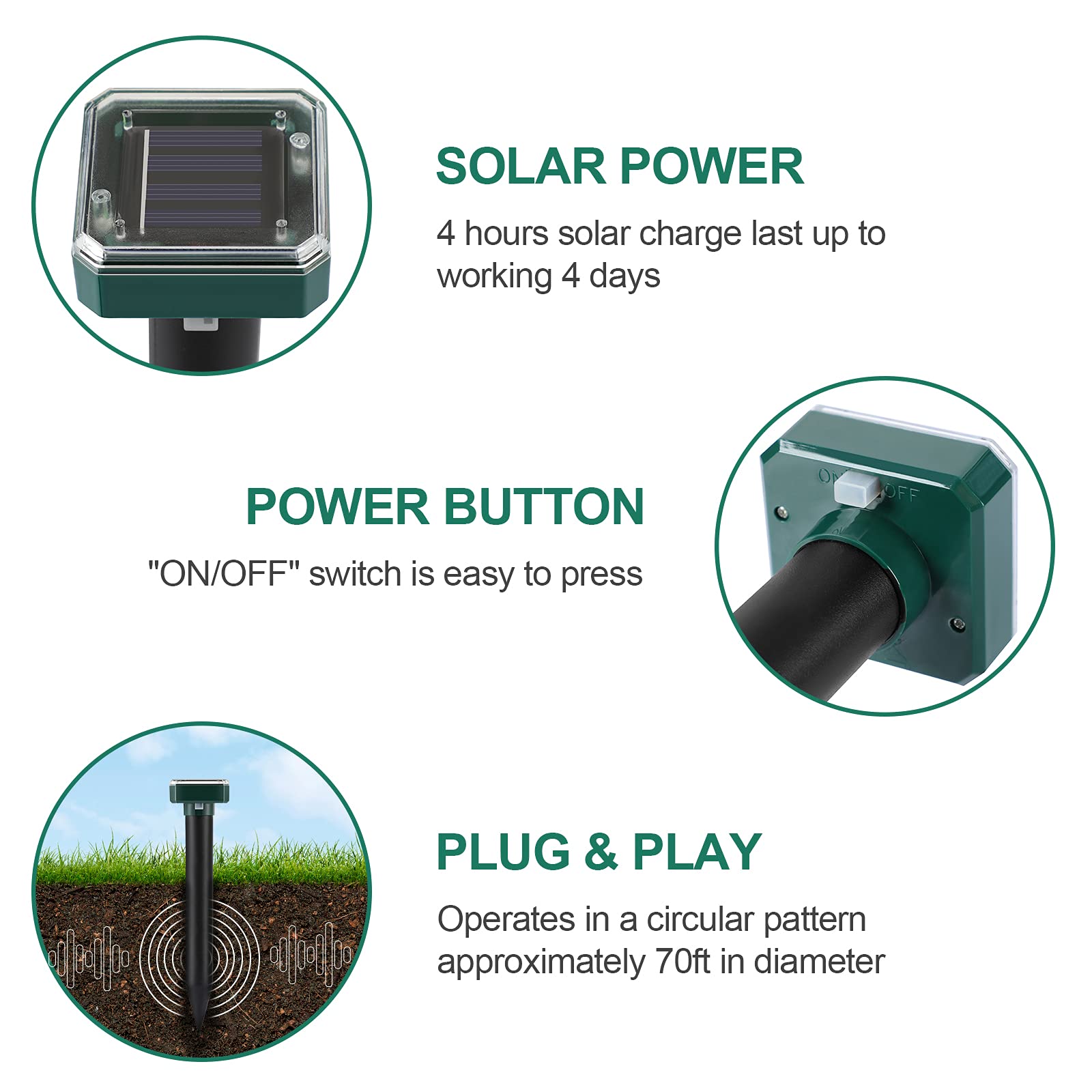 Mole Repellent Solar Powered 4 Pack,Snake Vole Repellent Outdoor, Gopher Repellent Ultrasonic Solar Powered for Lawn Garden Waterproof, Sonic Mole Spikes,Get Rid of moles Groundhog Chipmunk Repellent