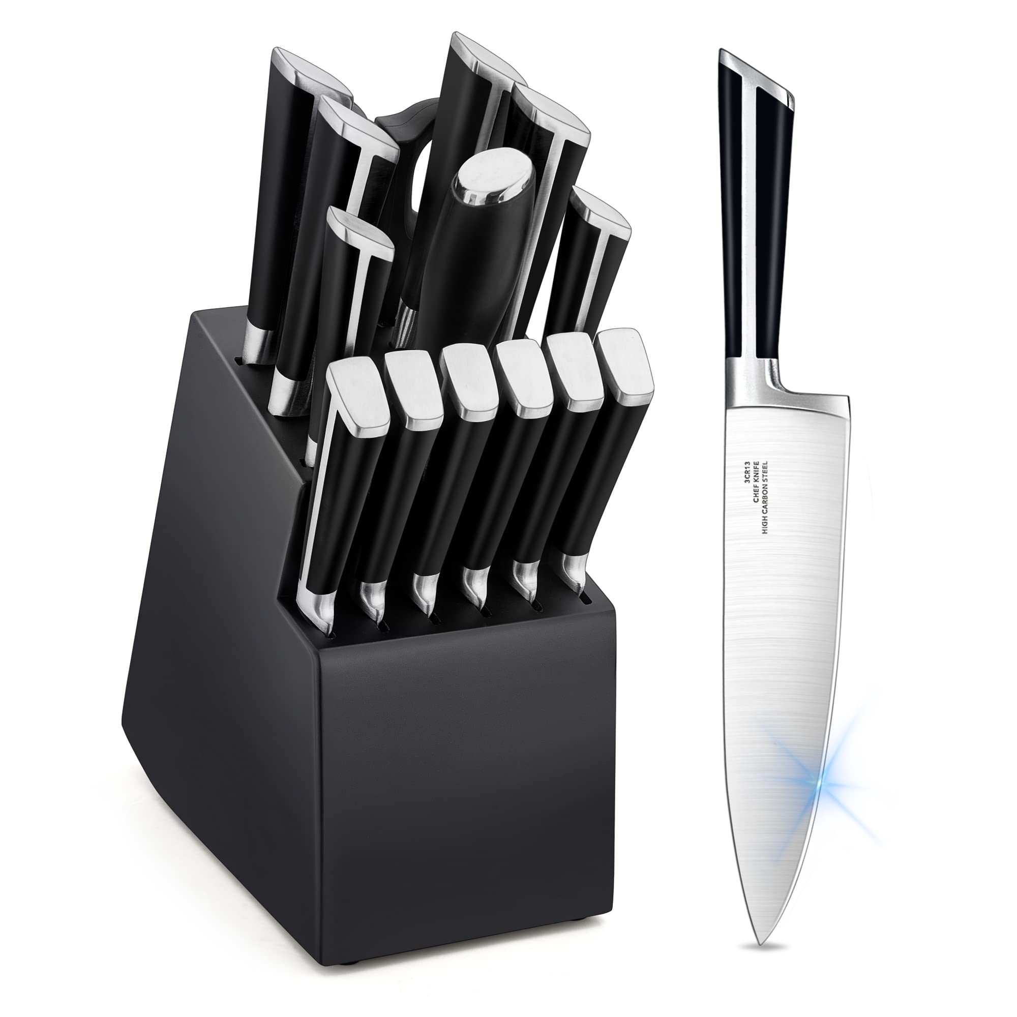 LIANYU 15-Piece Knife Set, Kitchen Knife Set with Wooden Block, Professional High Carbon Germen Stainless Steel Chef Knife Set, Forged Knives Set with Honing Steel