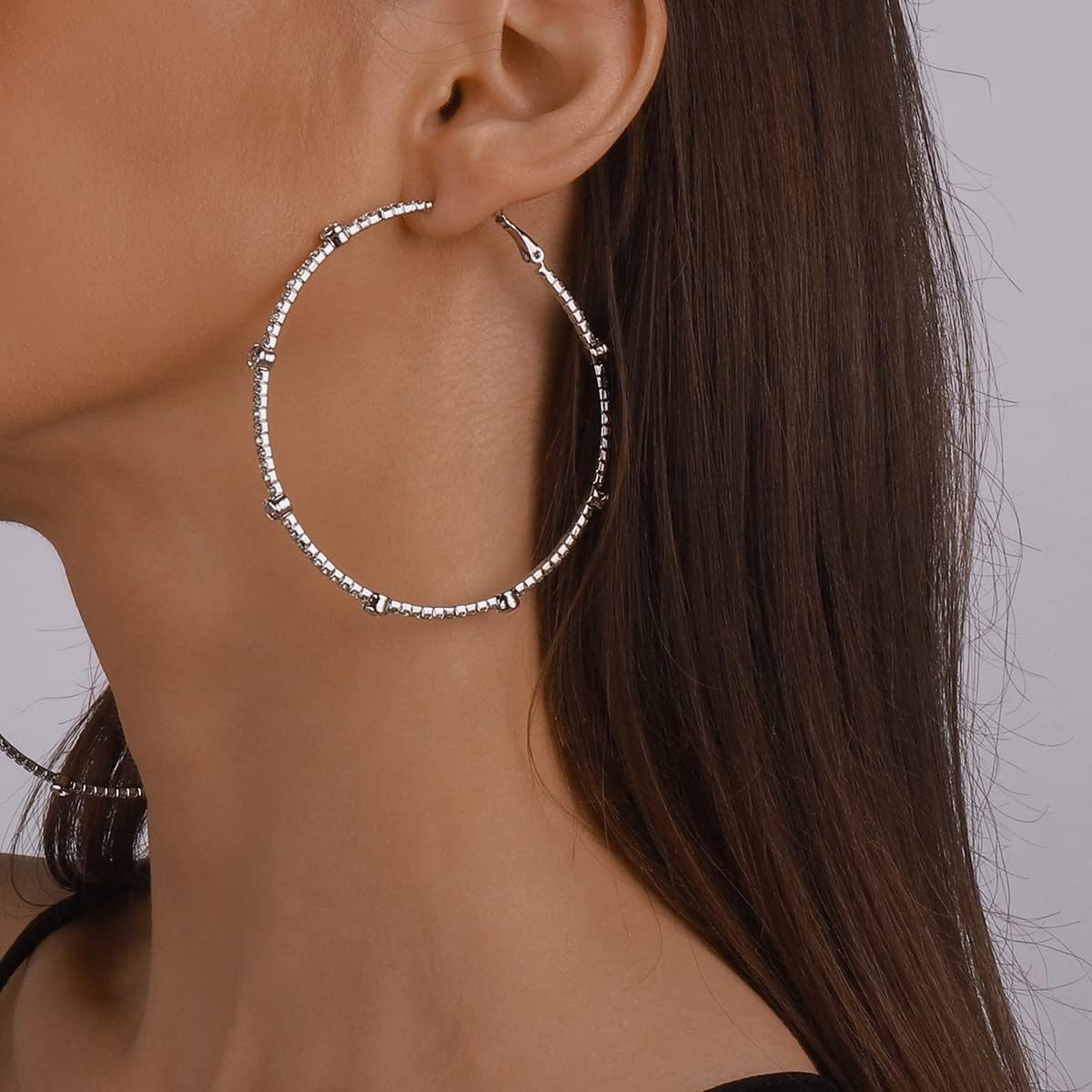 Jumwrit Big Rhinestone Hoop Earrings Large Round Circle Earrings Chain Dangle Earrings Sparkle Stud Earrings for Women Girls(Silver)