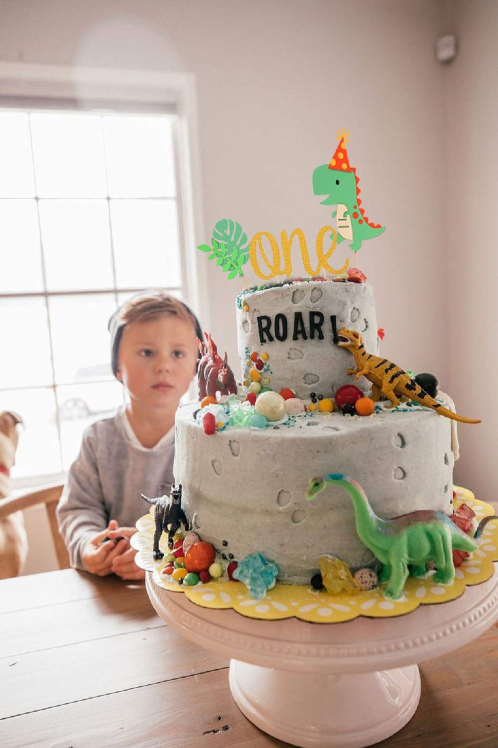 LaVenty Gold Dinosaur First Birthday Decoration Dinosaur One Cake Topper Dinosaur 1st Birthday Cake Topper for Boy Dinosaur Birthday Party Decoration