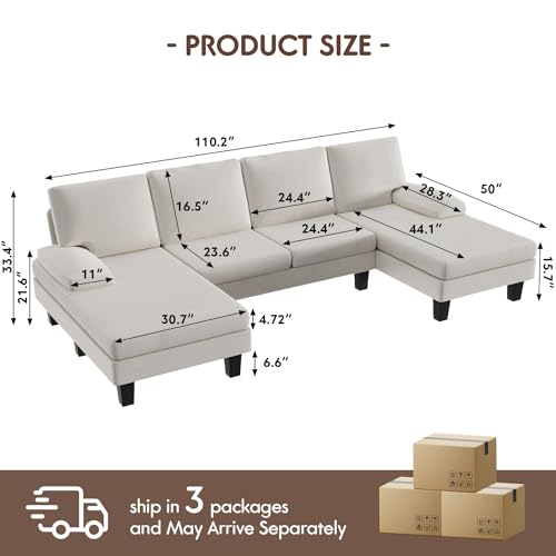 Shahoo Sectional Couch Living Room Sets Chenille Fabric U-Shaped Sofa with Double Chaises, White