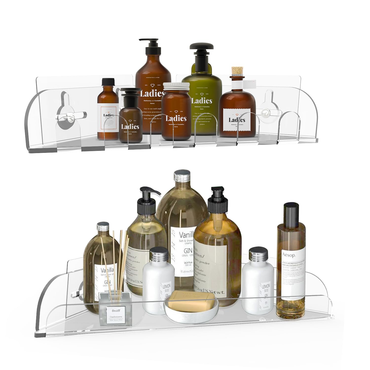 popbricks 2 Pack Acrylic Corner Shower Shelves, Clear Adhesive Shower Caddy Suction Cup for Tile Walls, Wall Mounted Bathroom Shower Shelf for Inside Shower & Kitchen Organizer Storage
