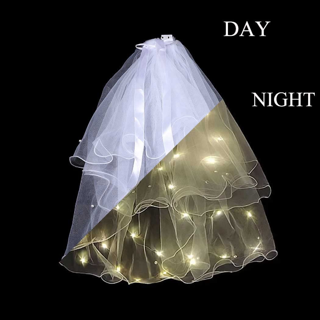 JONKY 2 Tier Led Bride Wedding Veil White Light up Pencil Edge Bridal Veils with Hair Clip Glowing Party Club Statement Headpieces for Women(Warm)