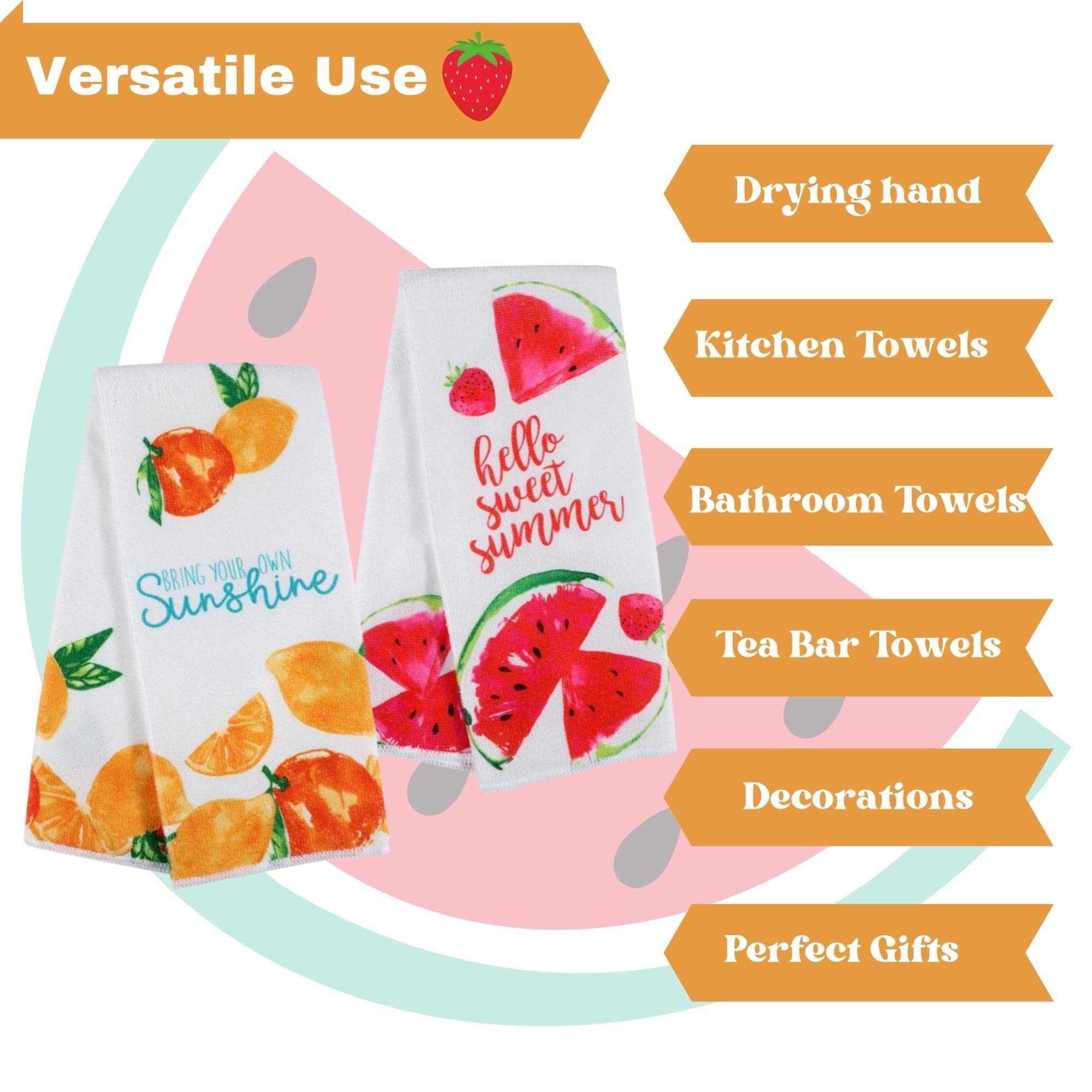 Kitchen Towels Lemon & Watermelon Home Collection 2Pcs Printed Summer Spring Absorbent Tropical Bar Dish Hand Decoration Bathroom Towel 15x25in Drying Soft Feel 100% Polyester Cooking Baking Gifts Set