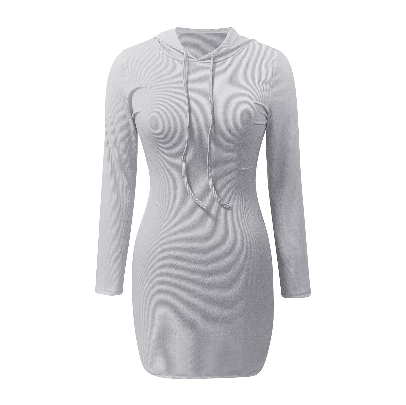 Keepfit Sweatshirt Dress for Women Drawstring Solid Hoodie Dress Slim Knitted Long Sleeve Casual Bodycon Dress Gray