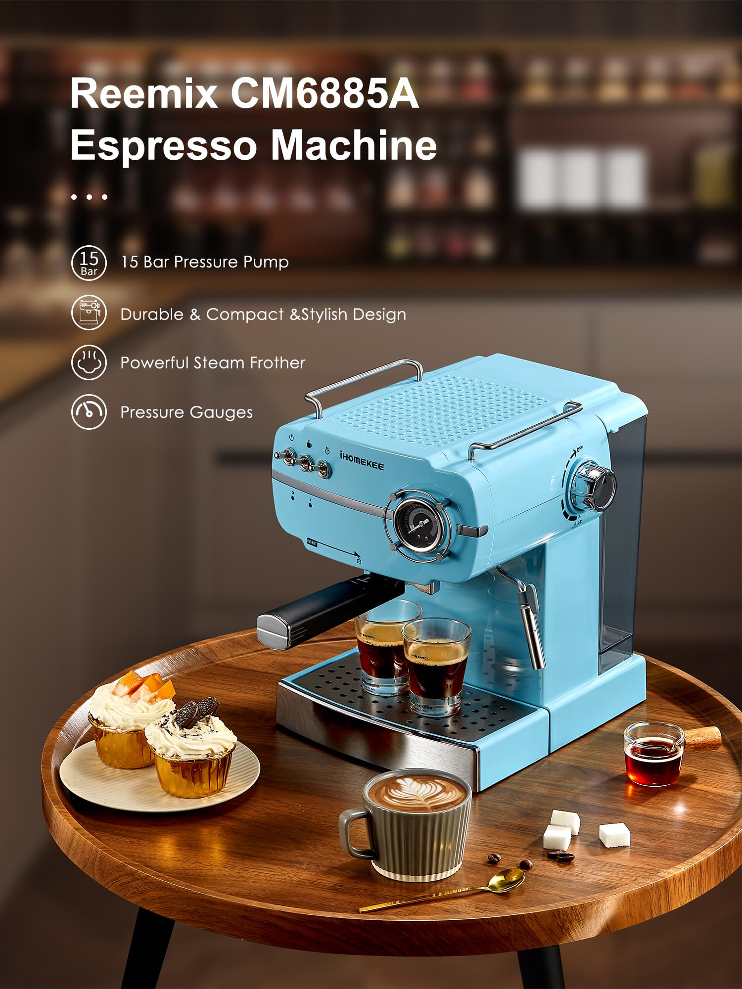 Ihomekee Espresso Machine, Retro Style Espresso Coffee Maker with Fast Heating Automatic, Latte & Cappuccino Maker with Milk Frother Steam Wand, Pressure Gage, Aqua - CM6885A (Retro Style Aqua)