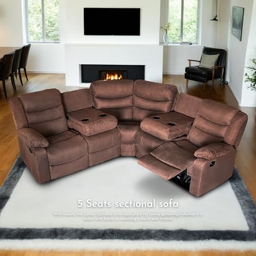 Recliner Sectional Sofa, Microfiber Manual Reclining Sectional Couch with Cup Holders, Living Room/Office (Brown)
