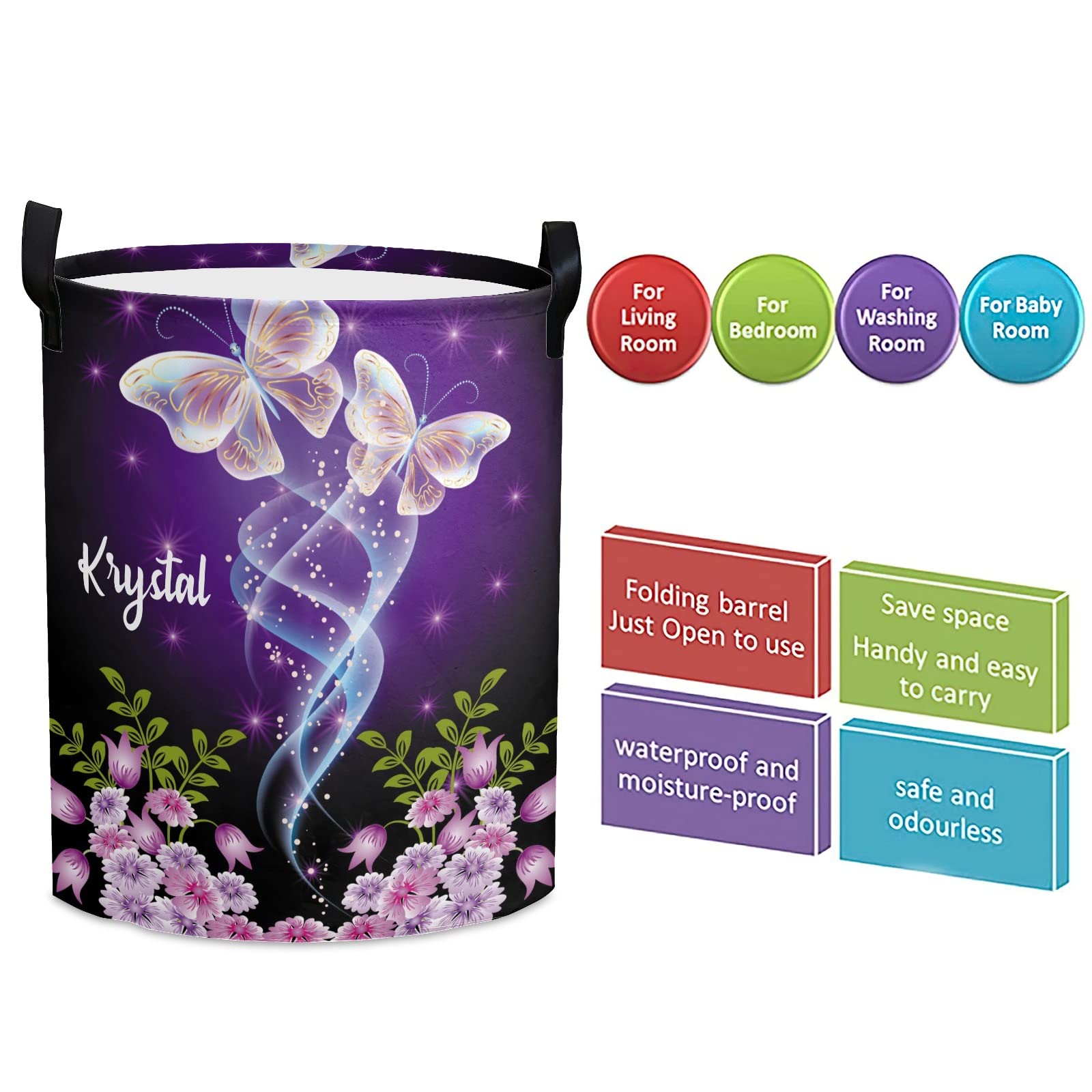 Personalized Custom Fantasy Butterfly Pretty Collapsible Large Sized Clothes Hamper with Knitting Handles for Baby Girls Boys Kids Nursery Clothes Things