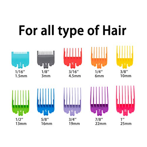 HOP Professional hair clipper guards attachments set-Trimmer guard attachment kit-Replacement guides combs-10 Pcs color coded from 1/16 to 1 inch-Universal clip fit all full-size Wahl clippers blades