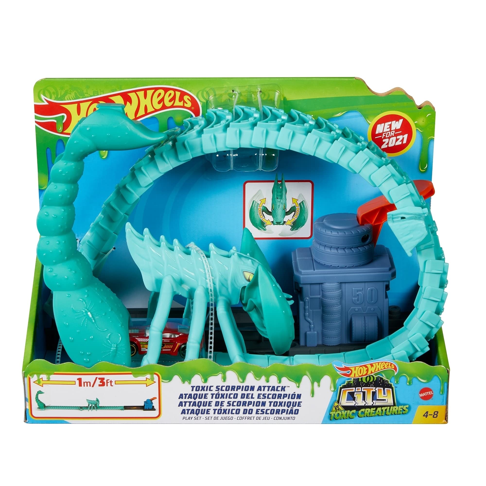 Hot Wheels Toxic Scorpion Attack Play Set for Kids 4 to 8 Years Old with One 1:64 Car, Nemesis Has Moving Claws Challenge & The Loop Tail Can Unroll into a Straight Track