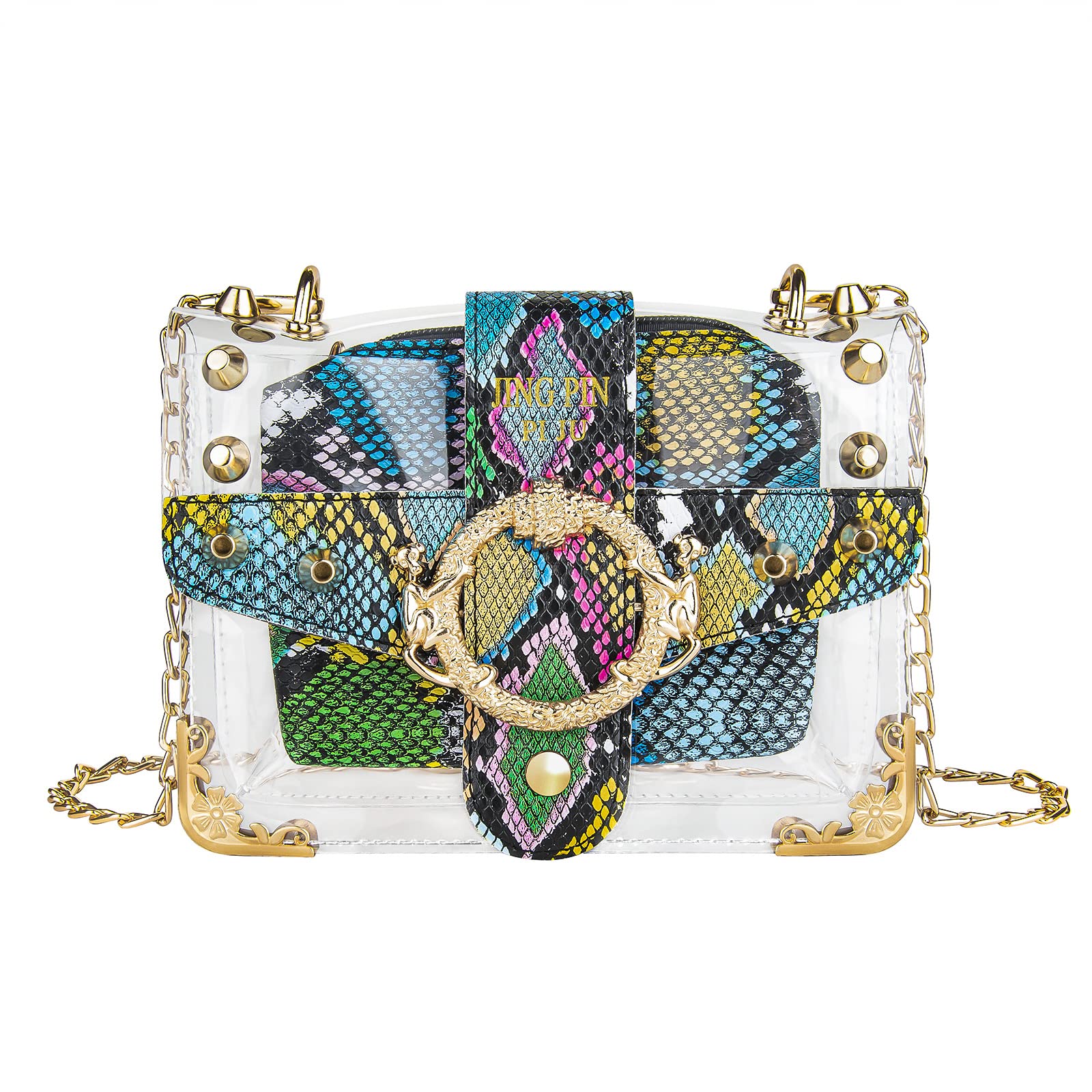 Linkidea Clear Purse, 2 in 1 Transparent Shoulder Crossbody Bag, Fashion Snakeskin Pattern Rivet Chain Clutch for Women (Multi)