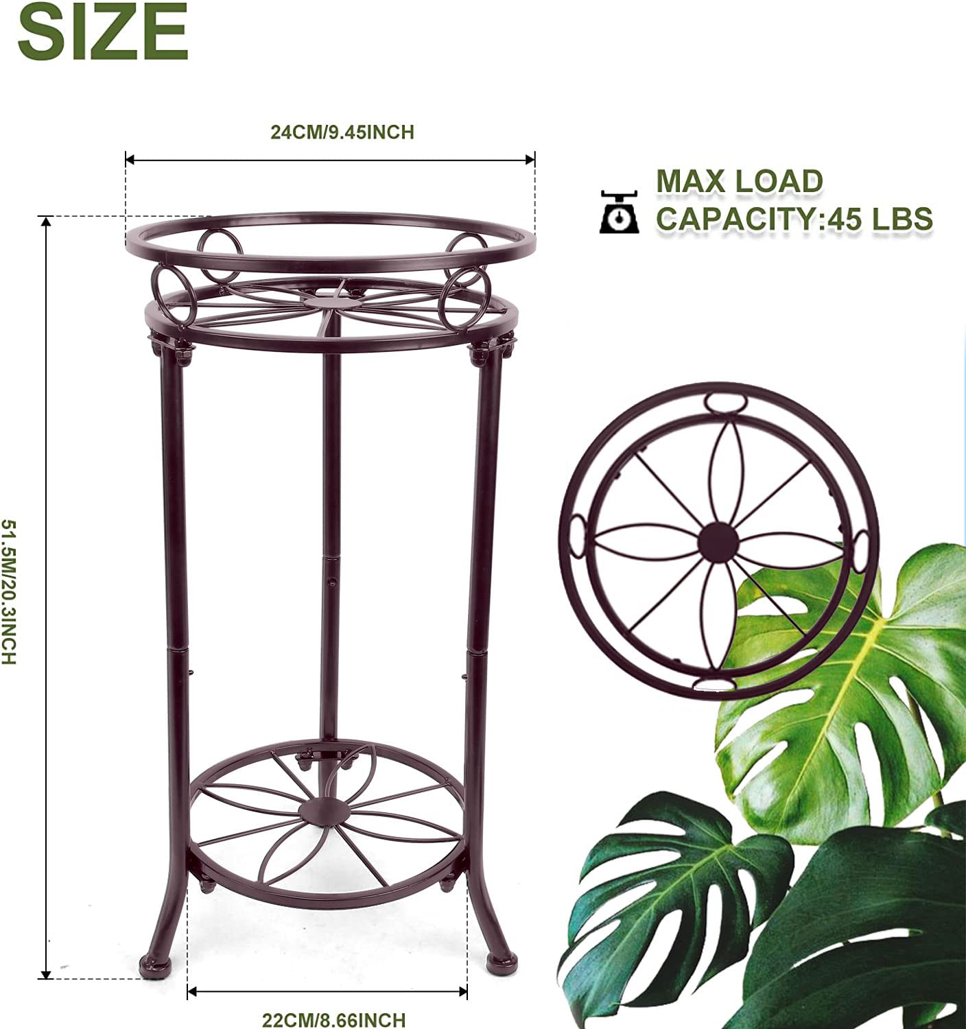 Metal Plant Stands Indoor, 2 Tier Tall Plant Stand Outdoor Potted Flower Pot Holder, Anti-Rust Heavy Duty Multiple Holder Shelf Rack 20.3" (Brown)
