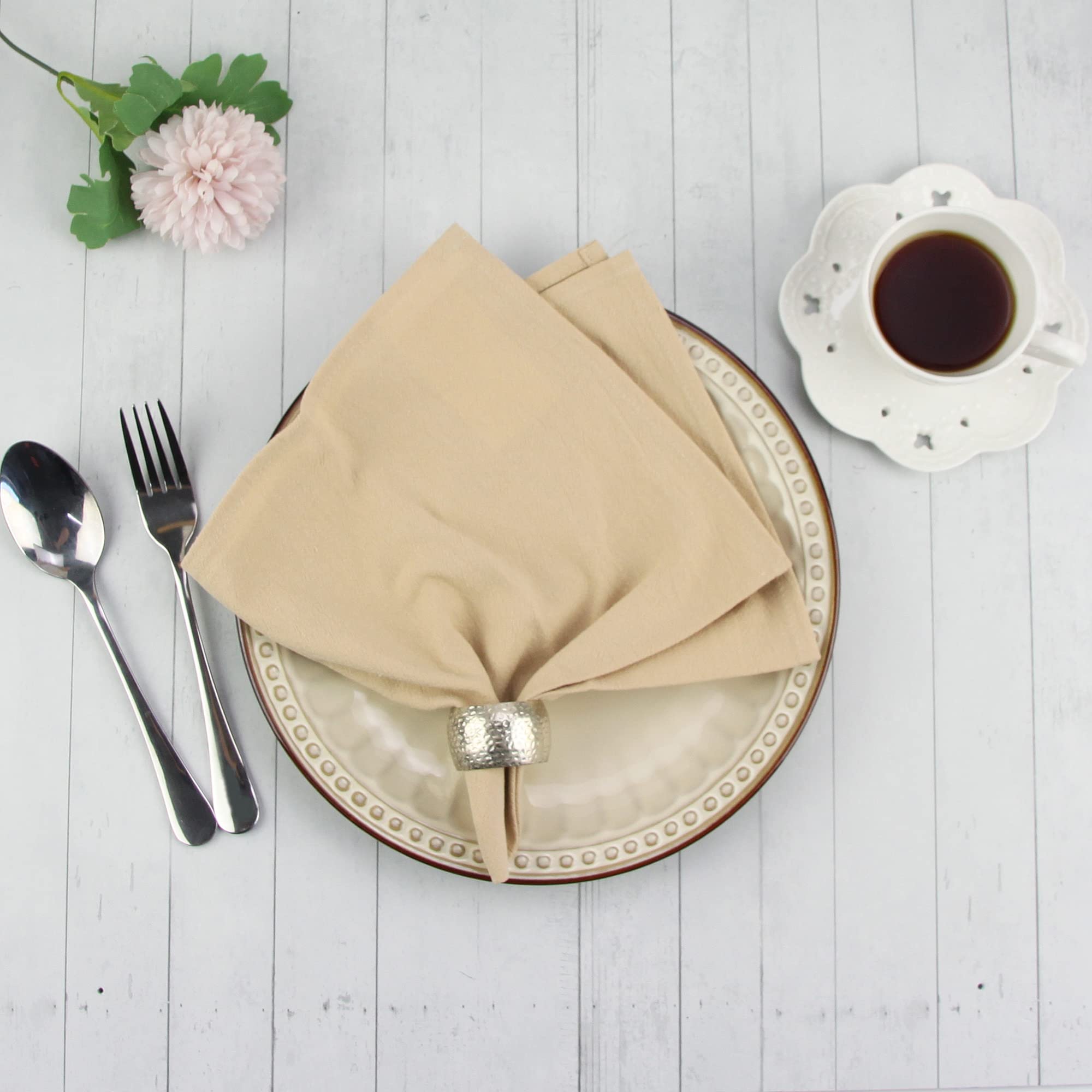 INFEI Plain Color Dinner Cloth Napkins, Set of 12 (16.9 x 16.9 Inches), Reusable Cotton Kitchen Table Napkin, for Cocktail Parties, Weddings, Hotel & Home Use (Linen)