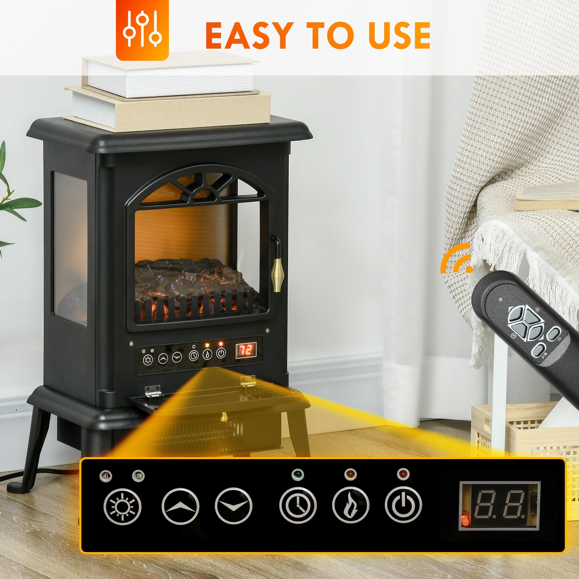 HOMCOM 23" Electric Infrared Fireplace Stove, Freestanding Fire Place Heater with Realistic Log Flame, Adjustable Temperature, Timer, 1000W/1500W, Black