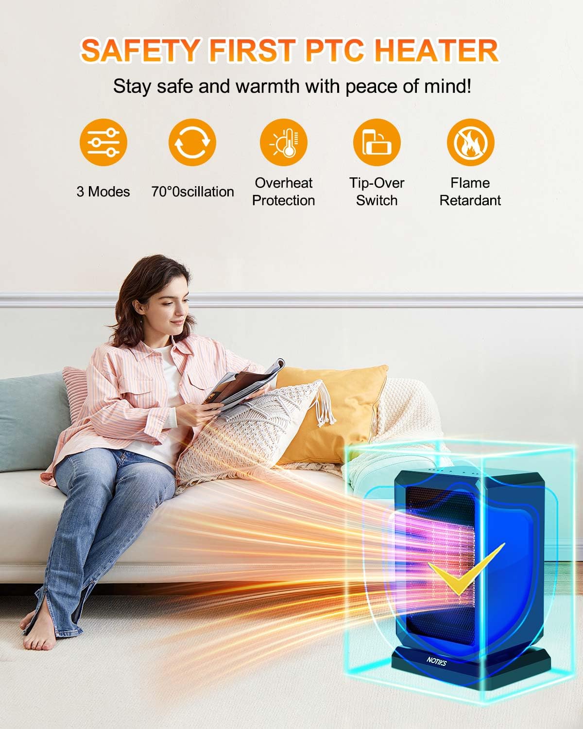 NOTIKS space Heaters,1500W Indoor Electric Heater with Oscillation,4 Modes Heating,PTC Fast Safety Heating Ceramic Desk Heater, Portable Heater with Timer for Office Bathroom Bedroom(Black)