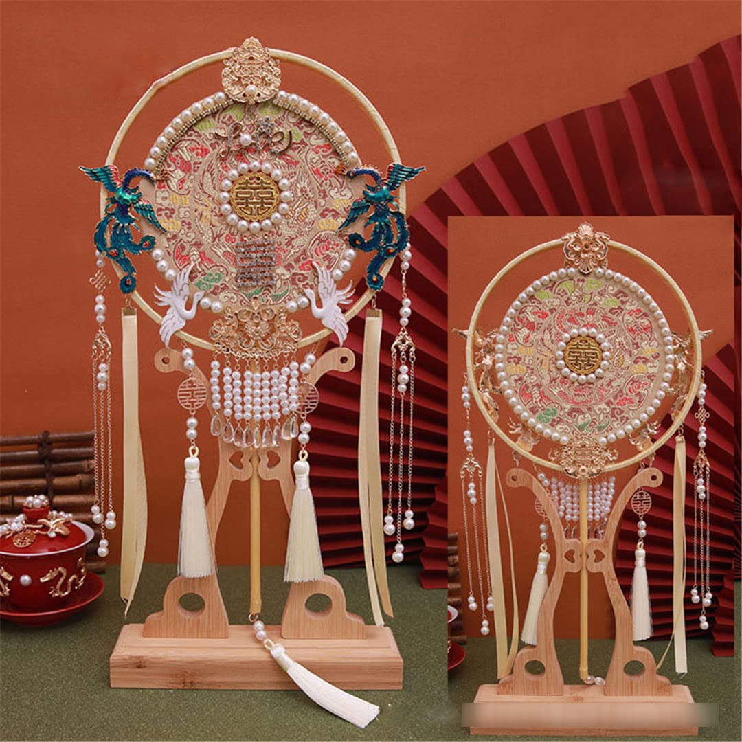 Lmtossey Antique Bridal Fan Chinese Classical Wedding Bride Long Handle Group Fan Wedding Supplies Xiuhe Photography Hold Fan Props