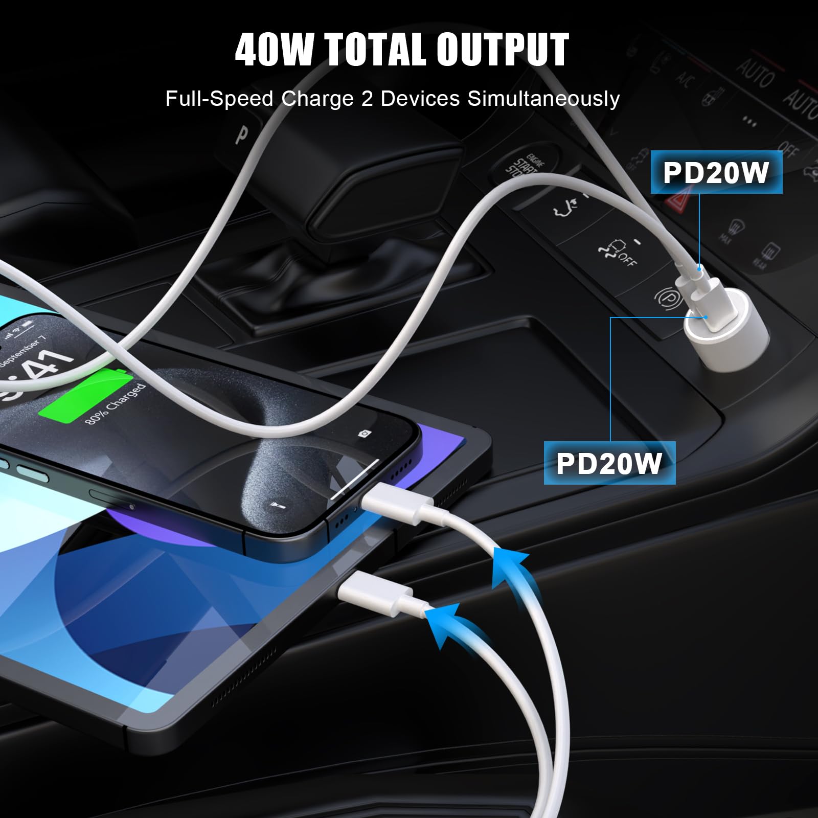 iPhone 15 Fast Car Charger, 40W Dual USB C iPhone Car Charger Fast Charging Adapter with 2 Pack USB C to USB C Cable for iPhone 15/15 Plus/15 Pro/15 Pro Max, iPad Pro/Air/Mini,Galaxy S23/S22/S21 Ultra