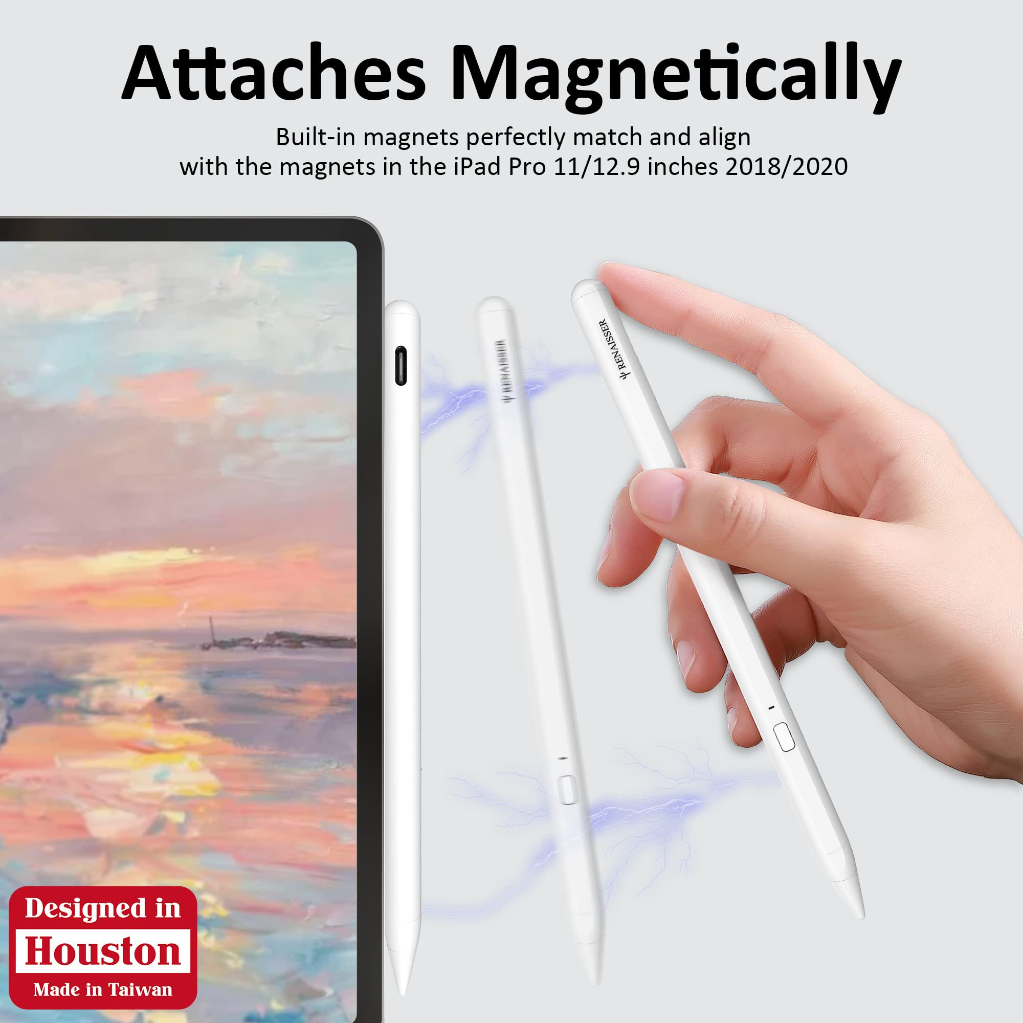 RENAISSER Monet 520 Stylus Pen for iPad, Designed in Houston, Made in Taiwan, Support Palm Rejection, USB-C Fast Charging, Built-in Magnets
