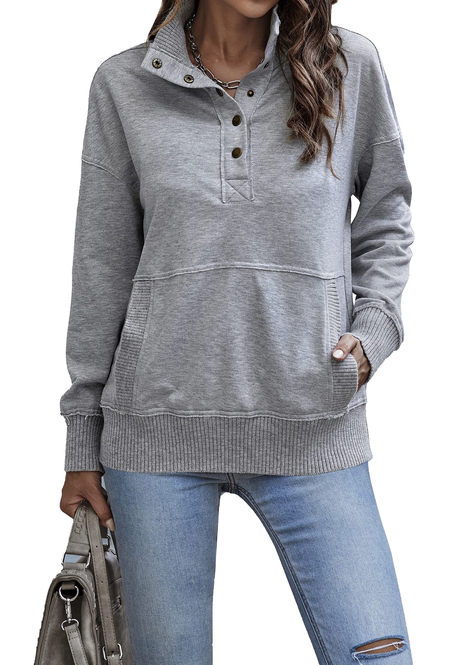 KIRUNDO Womens Sweatshirt Casual Spring Fall Long Sleeve Henley Button V Neck Lightweight Sweatshirts Ribbed Loose Pullover Tops(Light Grey, Medium)