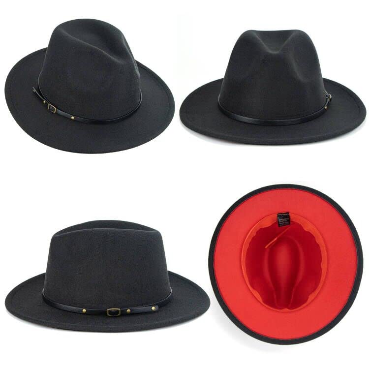 INOGIH Black Red Bottom Fedora-Hat-for-Women and Men Wide-Brim Patchwork Two-Tone Panama-Hats with Belt