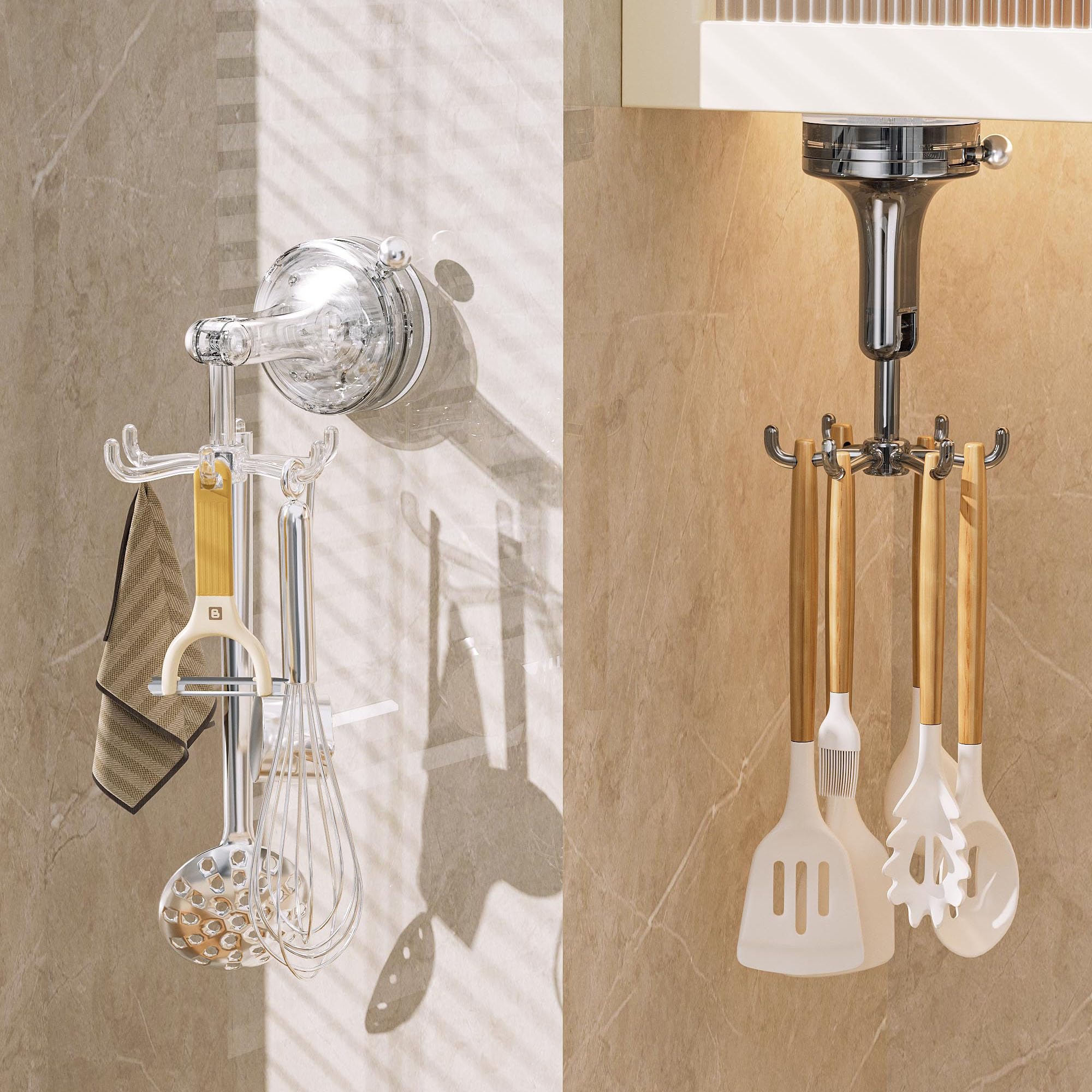 Suction Cup Rotating 6-Claw Hook, 360° Rotation, Strong Adhesion, No-Drill Installation, Waterproof, Reusable Wall and Ceiling Hanger for Bathroom, Kitchen, Entryway, PET Material (Transparent)