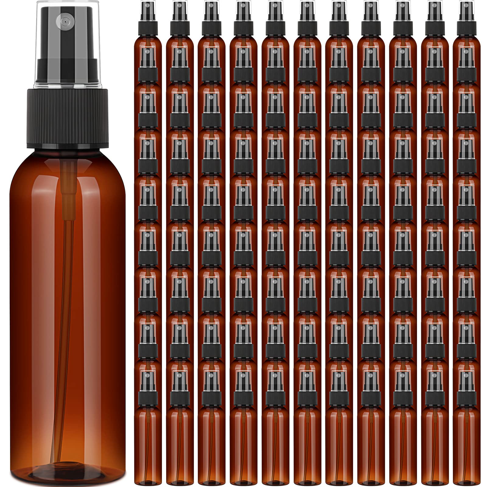 Nuogo 100 Pack Plastic Spray Bottles 2 Oz Reusable Mini Perfume Refillable Bottle Travel Size Mist Bottle Sprayer Empty Spritz Bottle for Household Use, Essential Oil, Cleaning (Amber)
