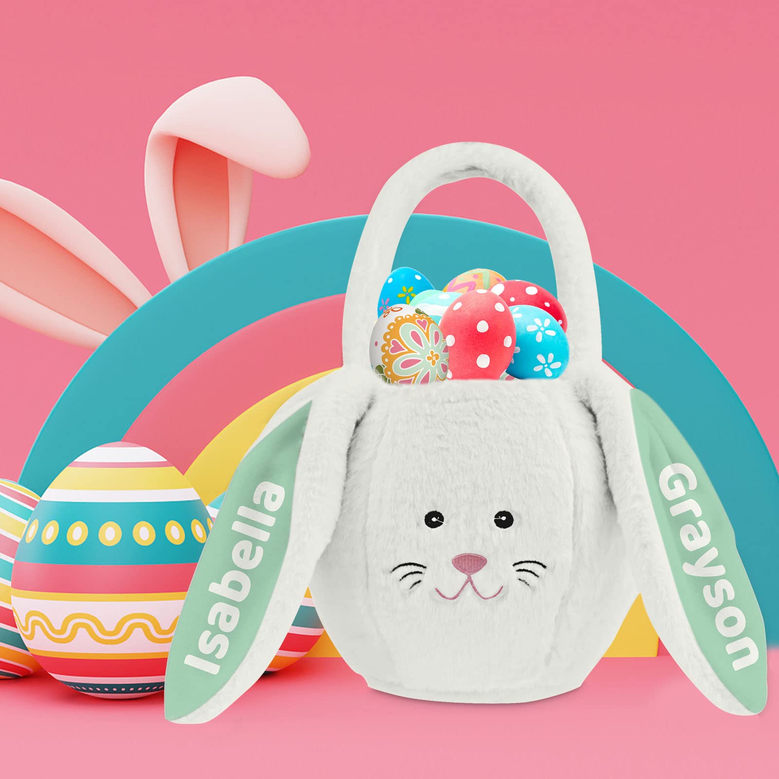 Personalized Easter Basket with Name Custom Plush Easter Buny Baskets Long Ear Bags for Boys Girls Kids Eggs Candy Gifts