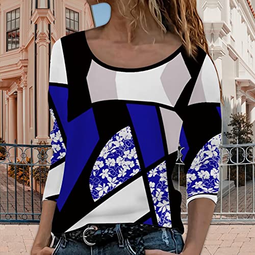 Lmzaren Women's Sweatshirt Crewneck Long Sleeve Pullovers Top Color Matching Geometric Printed Long Sleeve Tee Blouse