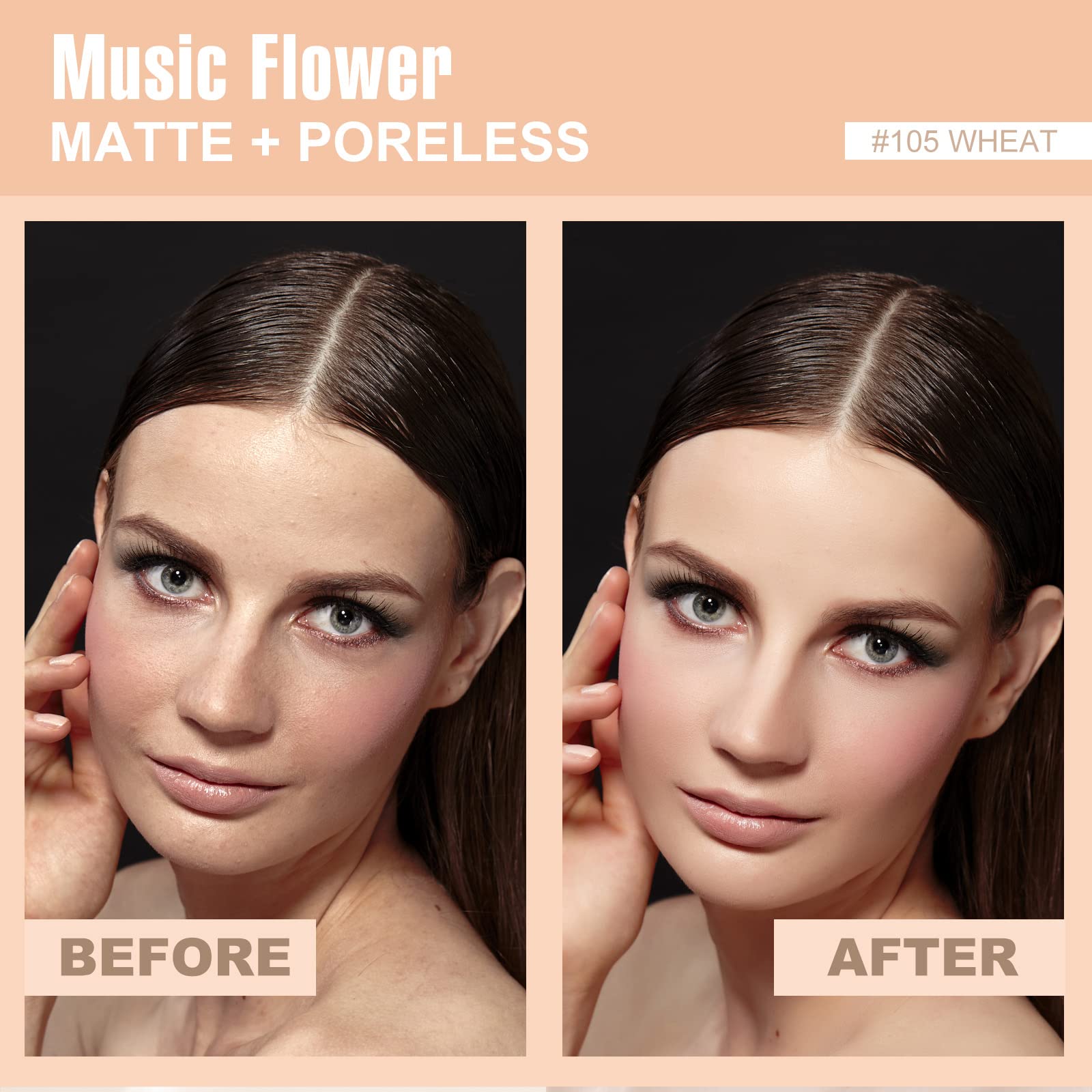 Music Flower Radiance Velvet Foundation, Lightweight Concealer Cream Matte Finish, Natural Long Lasting Full Coverage Make Up Look, 1.55 Fl Oz (44g) (Wheat)