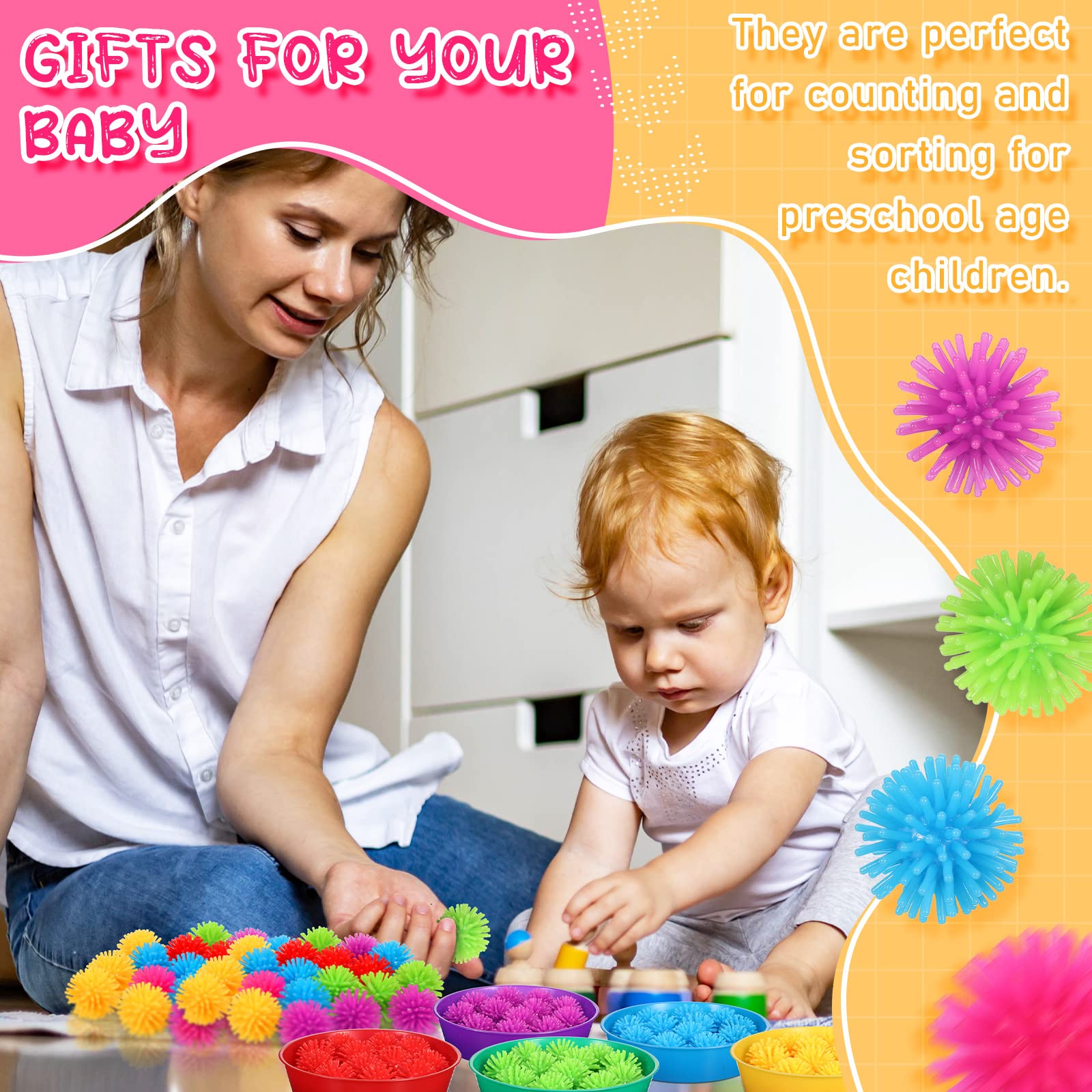 Leitee 71 PCS Fine Motor Toys Counting Sorting Sensory Bin Filler, 60 Hedge Balls 4 Tweezers 2 Scissors Clips 5 Cups for Boys Girls Early Education and Sorting Counting Training Development