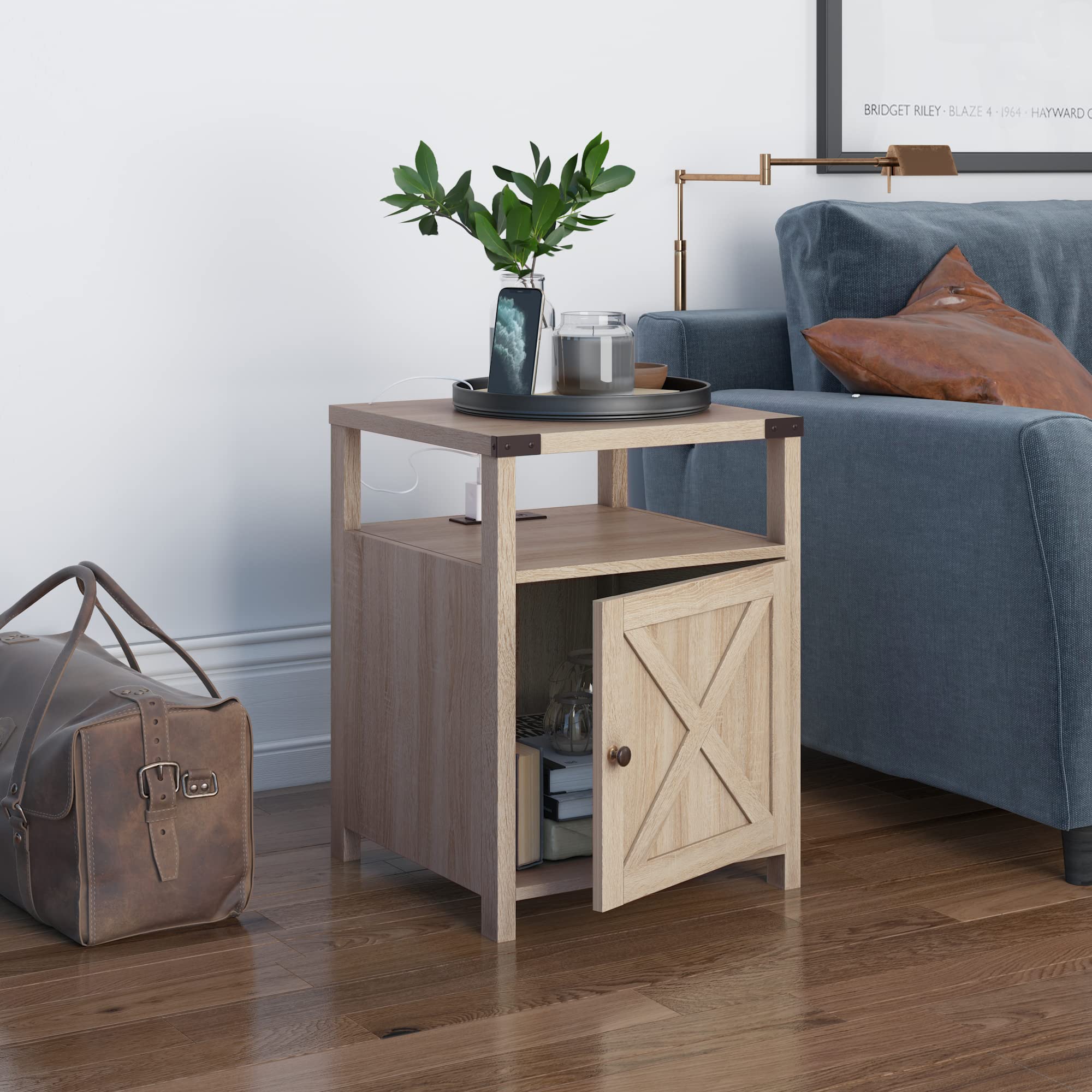 HOSEOKA Farmhouse Nightstand Rustic End Table Side Table with Cabinet and Shelf, Wood Night Stand for Bedroom, Gray, 17.7 in