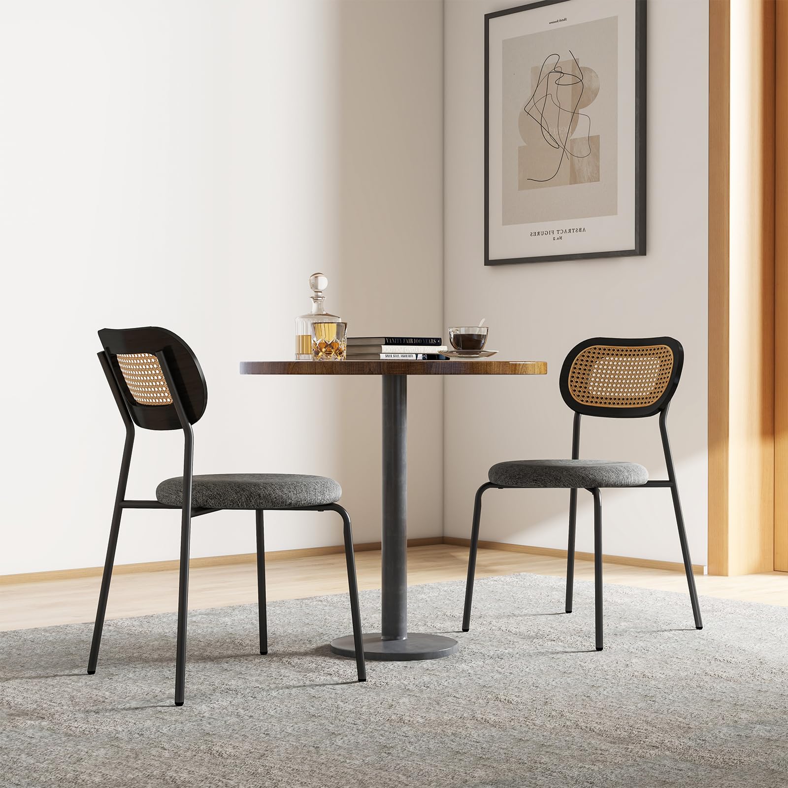 Giantex Rattan Dining Chairs Set of 2, Upholstered Kitchen Chairs with Metal Legs, Max Load 300 Lbs, PU Leather Dining Side Chairs with Round Padded Seat, Modern Dinner Chair for Dining Room, Brown