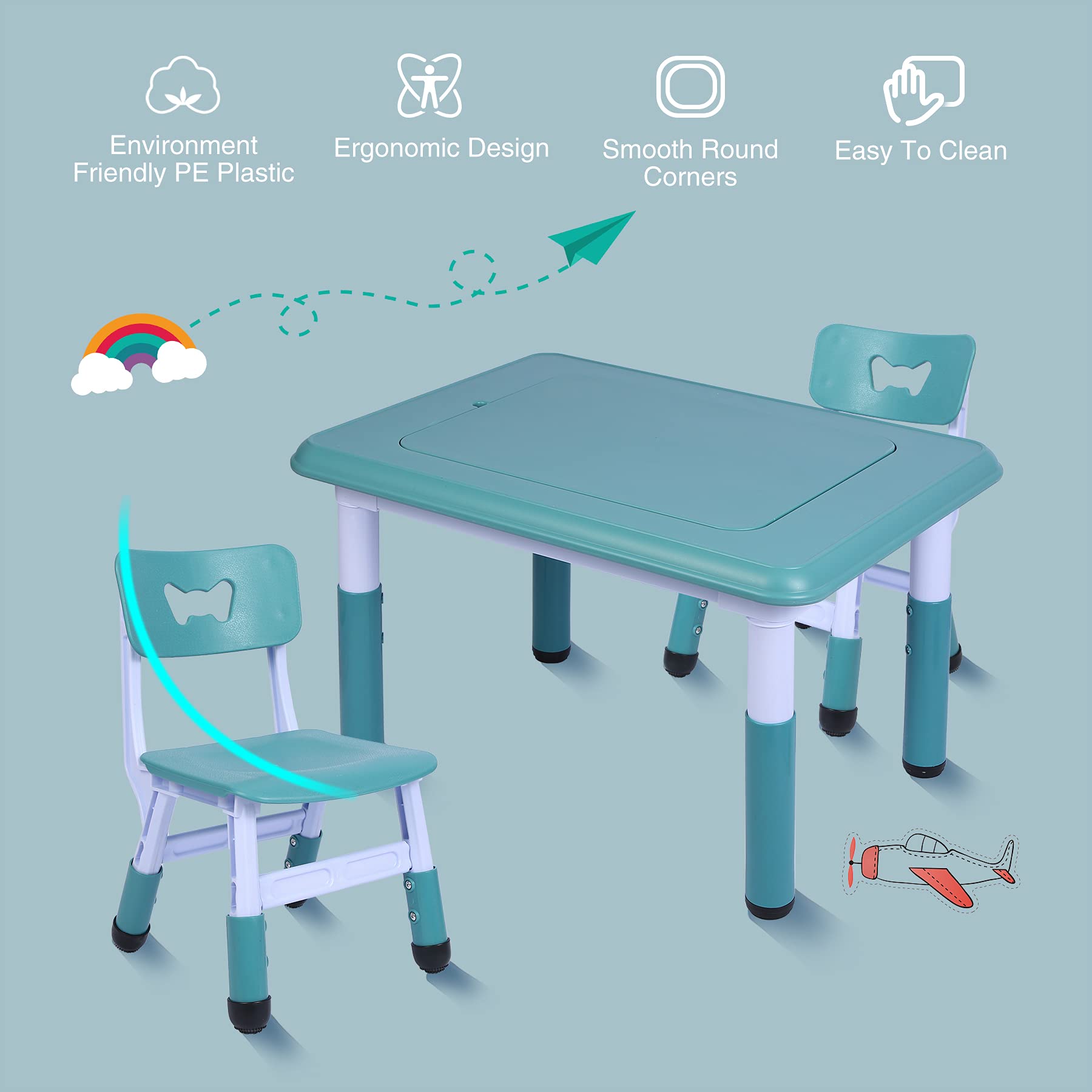 RedSwing Kids Table and Chair Set, 3 in 1 Multi Activity Building Block Table with 2 Chairs, Height Adjustable Toddlers Play Table with Storage Bins, Blue