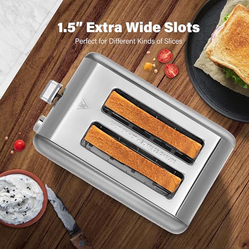 Simple Deluxe Stainless Steel Toaster 2 Slice with 1.5β Wide Slot & Removable Crumb Tray, 5 Shade Options and Bagel/Defrost/Cancel Functions, for Various Bread & Waffle, Retro Silver