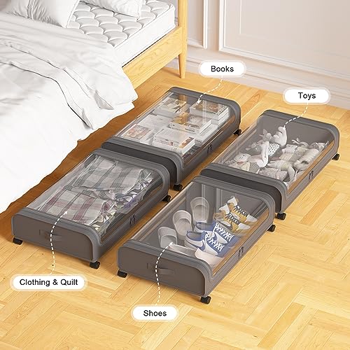 Jewem Under Bed Storage with Wheels, Under Bed Storage Containers, 2 Pack UnderBed Storage, 6.5 inch High Rolling Under Bed Shoe Storage with Lid, Small Space Organization and Storage for Clothes