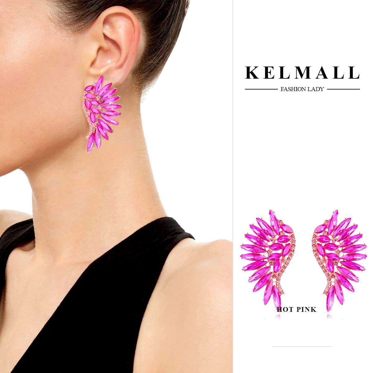 KELMALL Women's Crystal Angel Wings Drop Dangle Earrings, Geometric with Rhinestone Appliques Statement Earrings