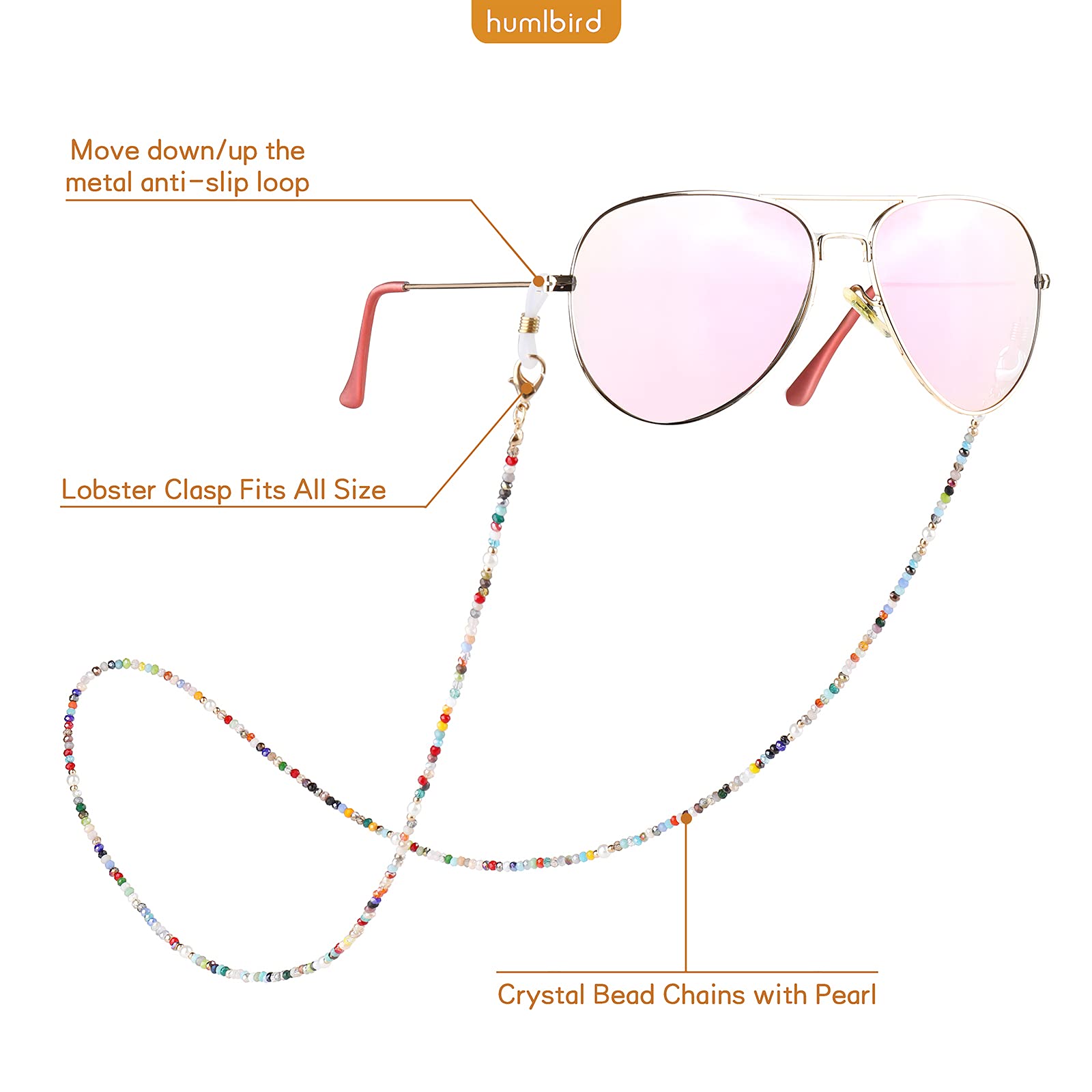 humlbird Mask Lanyard Eyeglasses Chain Healing Crystal Beaded Sunglasses Chains with Pearl for Women, Colorful