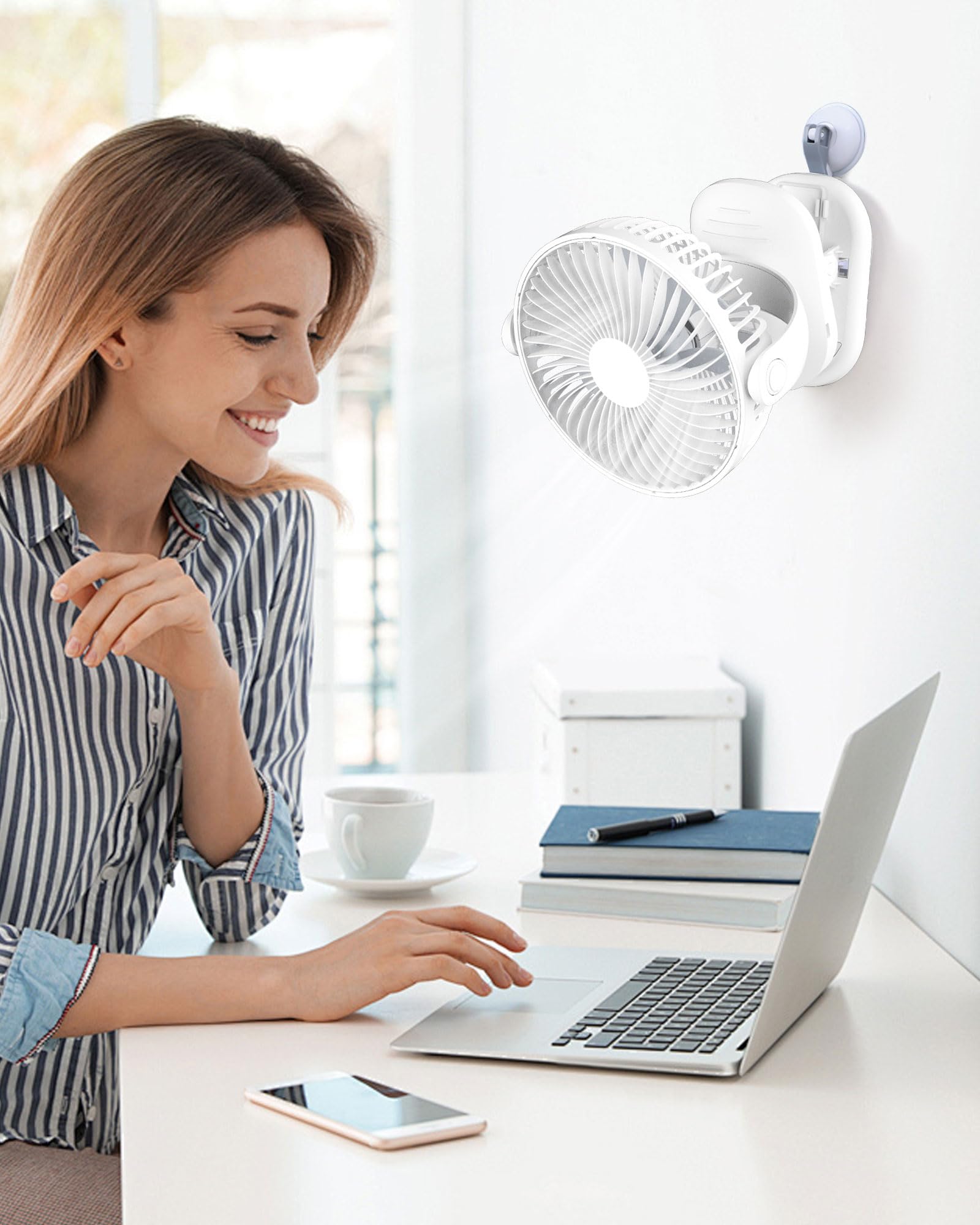Portable Clip on Fan, Oscillating & 120° Rotate Battery Operated Stroller Fan, 4 Speed Quiet Mini Personal Desk Fan, USB Rechargeable Fan for Outdoor Camping Golf Cart Stroller Home Office White